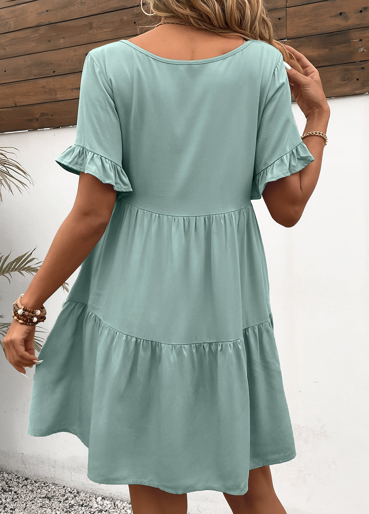 Ruched Sage Green Short A Line V Neck Dress | Rosewe.com - USD $26.98