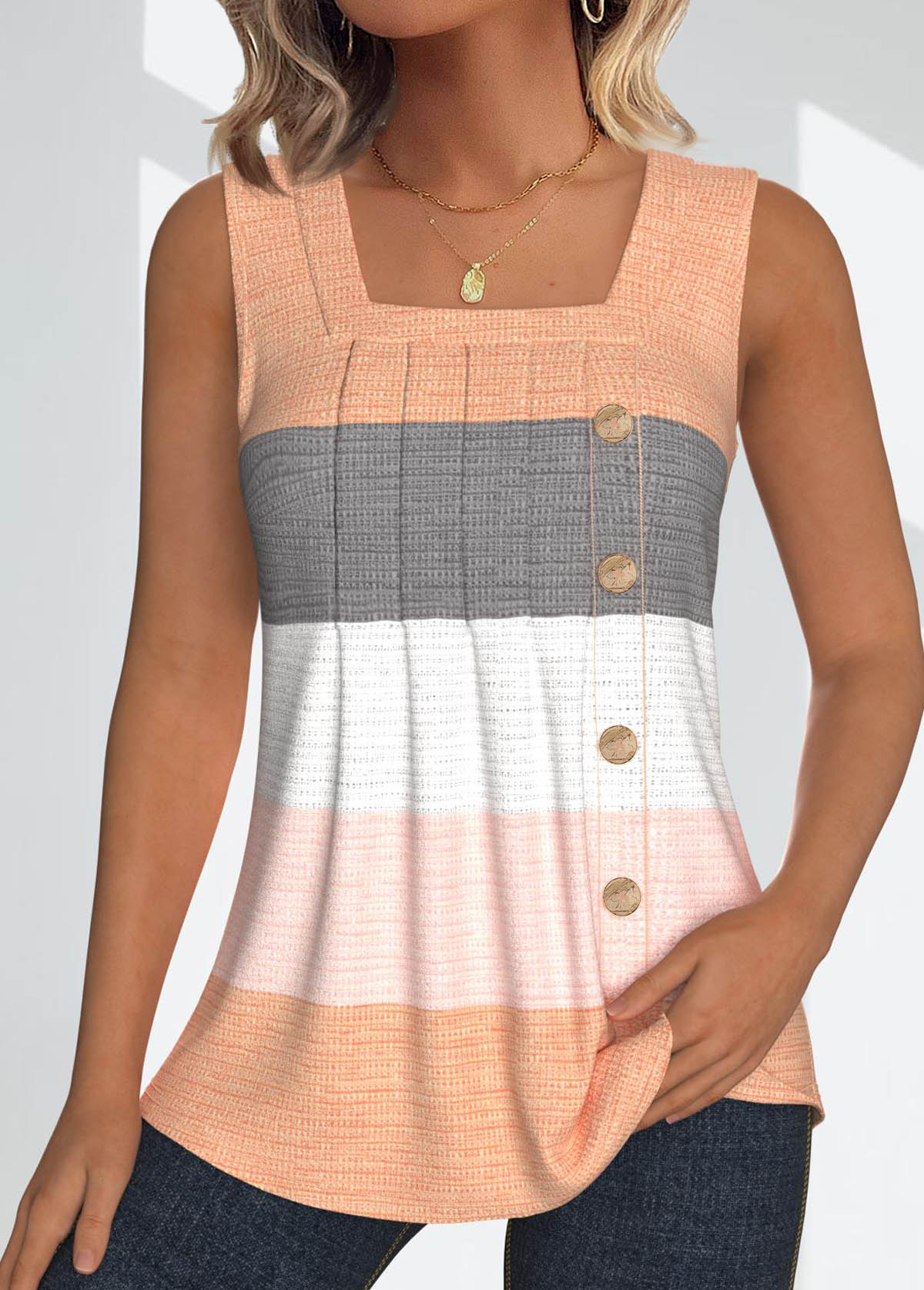 Striped Button Dusty Pink Sleeveless Square Neck Tank Top | Rosewe.com ...