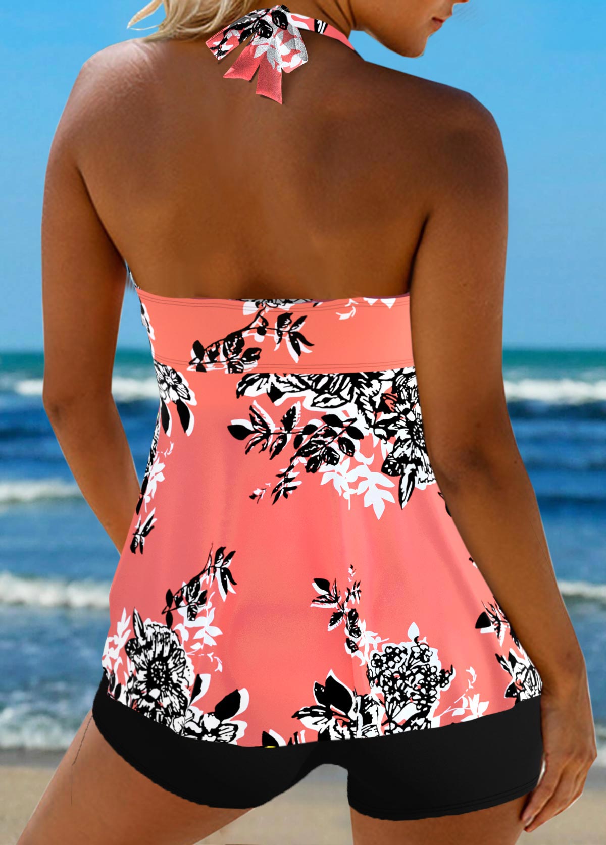 Floral Print Criss Cross Coral Tankini Top | Rosewe.com - USD $28.98