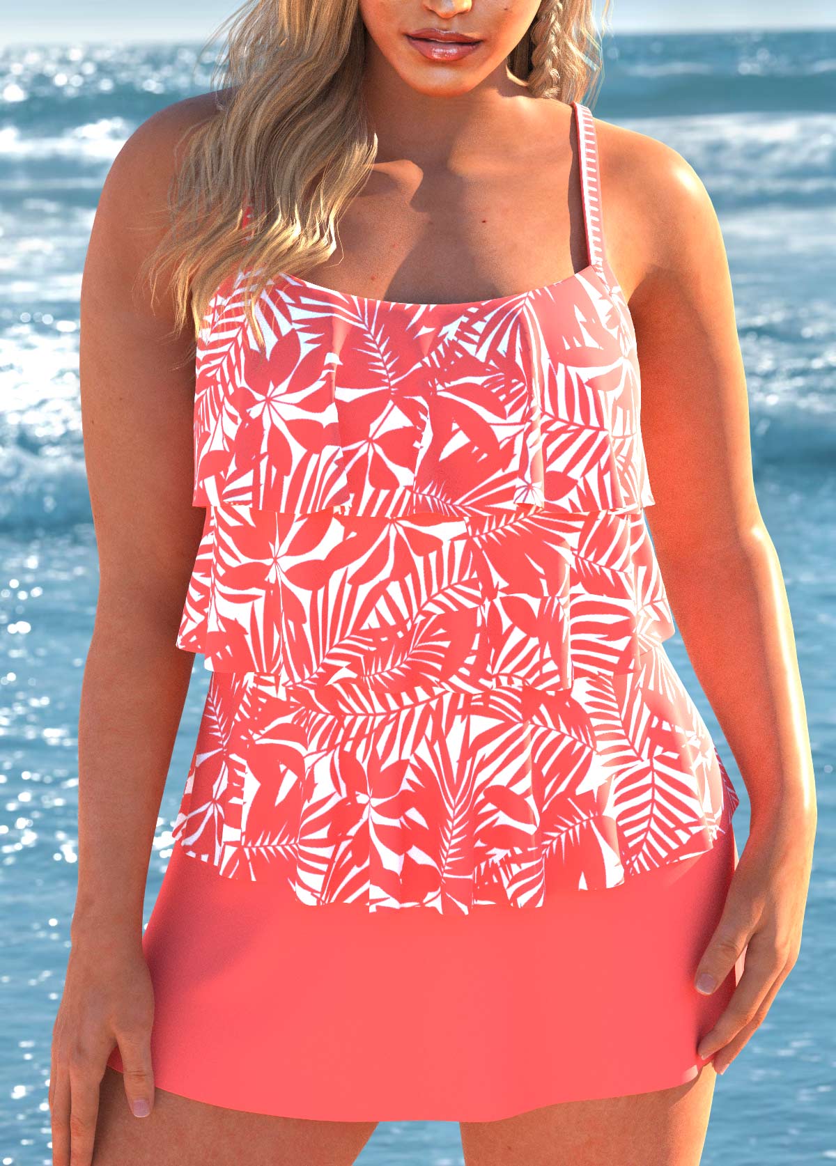 Tropical Plants Print Layered Coral Tankini Set | Rosewe.com - USD $36.98