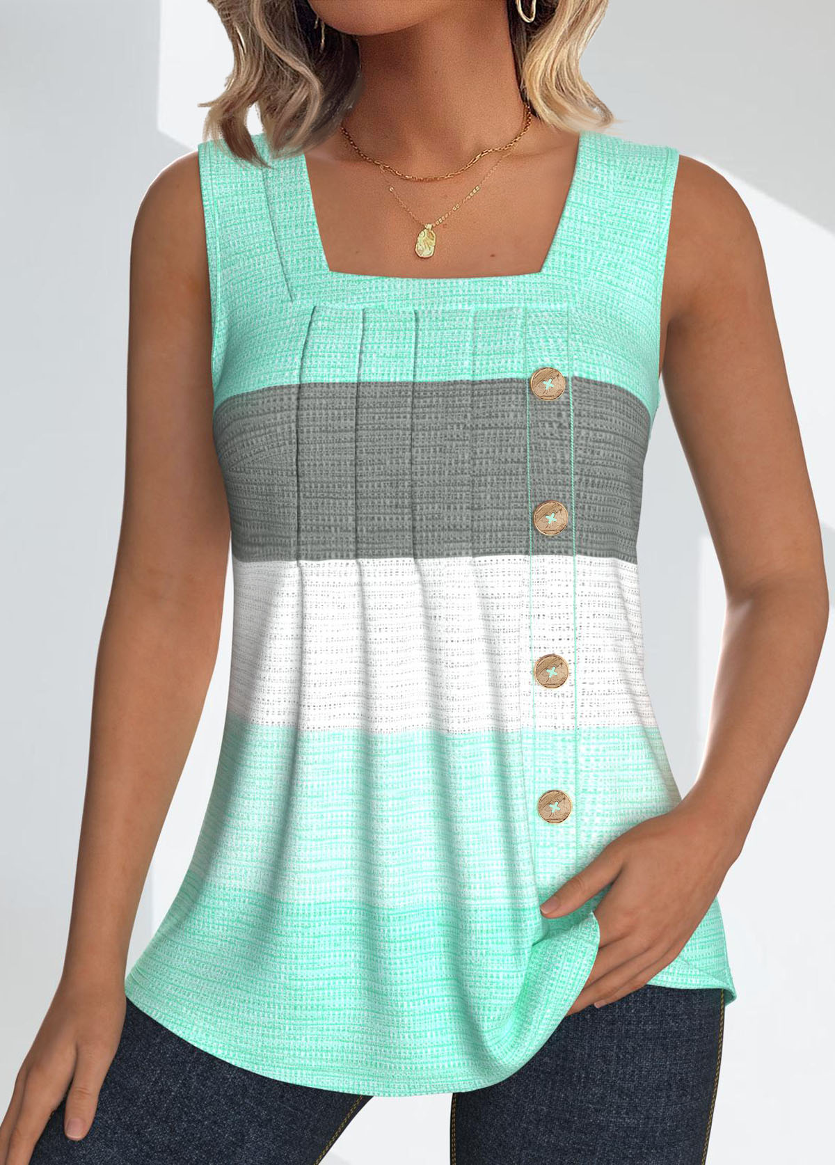 Striped Button Mint Green Sleeveless Square Neck Tank Top | Rosewe.com ...