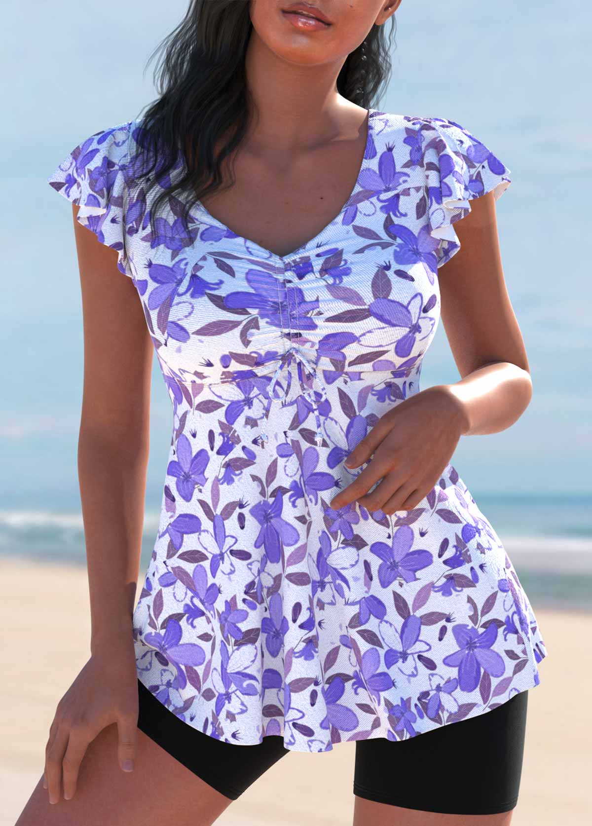 Floral Print Drawstring Light Purple Tankini Top | Rosewe.com - USD $31.98