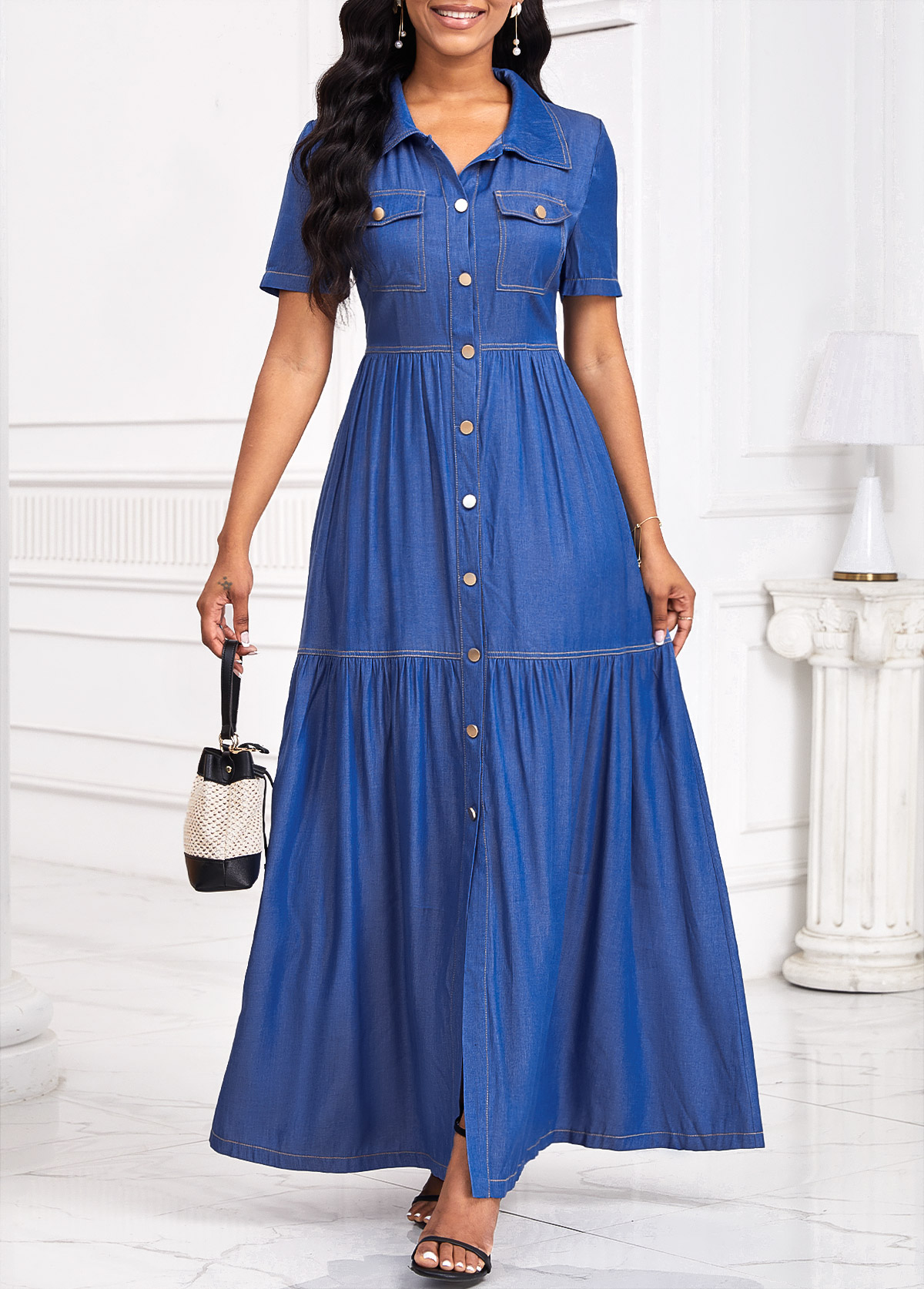 Button Denim Blue Maxi Short Sleeve Shirt Collar Dress | Rosewe.com ...