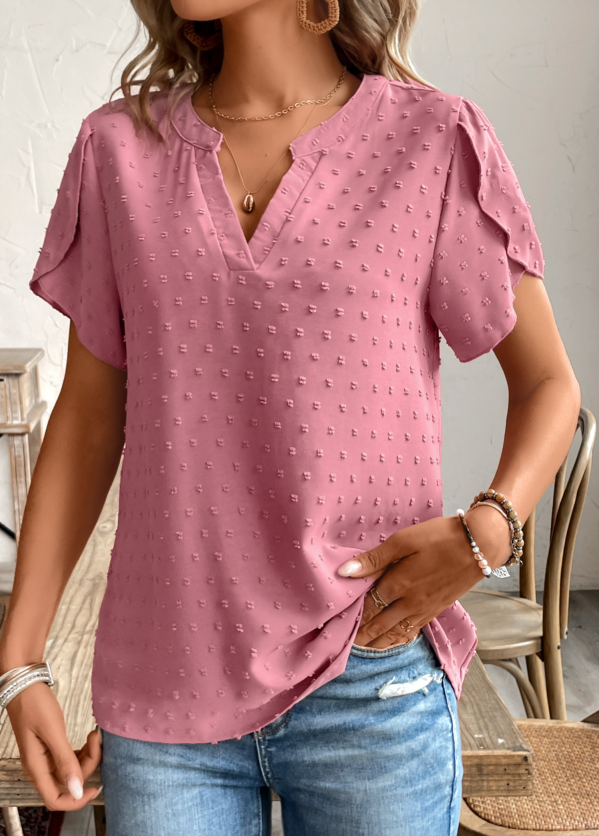 Patchwork Pink Short Sleeve Split Neck Shirt | Rosewe.com - USD $29.98