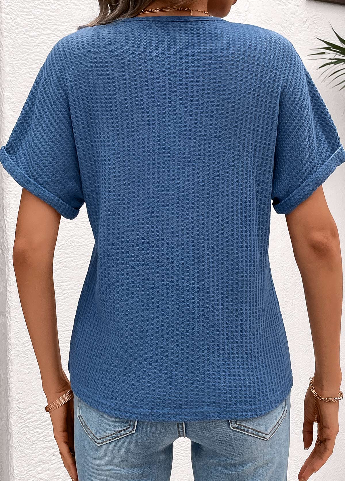 Scalloped Hem Denim Blue Short Sleeve T Shirt | Rosewe.com - USD $29.98