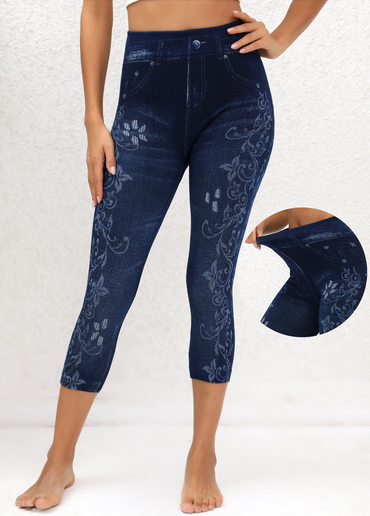 Floral Print Denim Blue Elastic Waist High Waisted Leggings | Rosewe ...