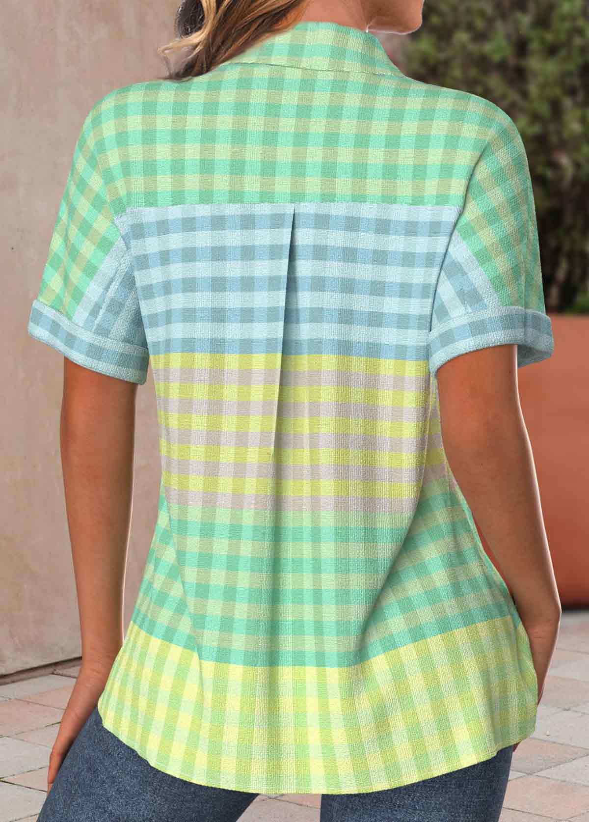 Plaid Pocket Multi Color Short Sleeve Shirt Collar Blouse | Rosewe.com ...