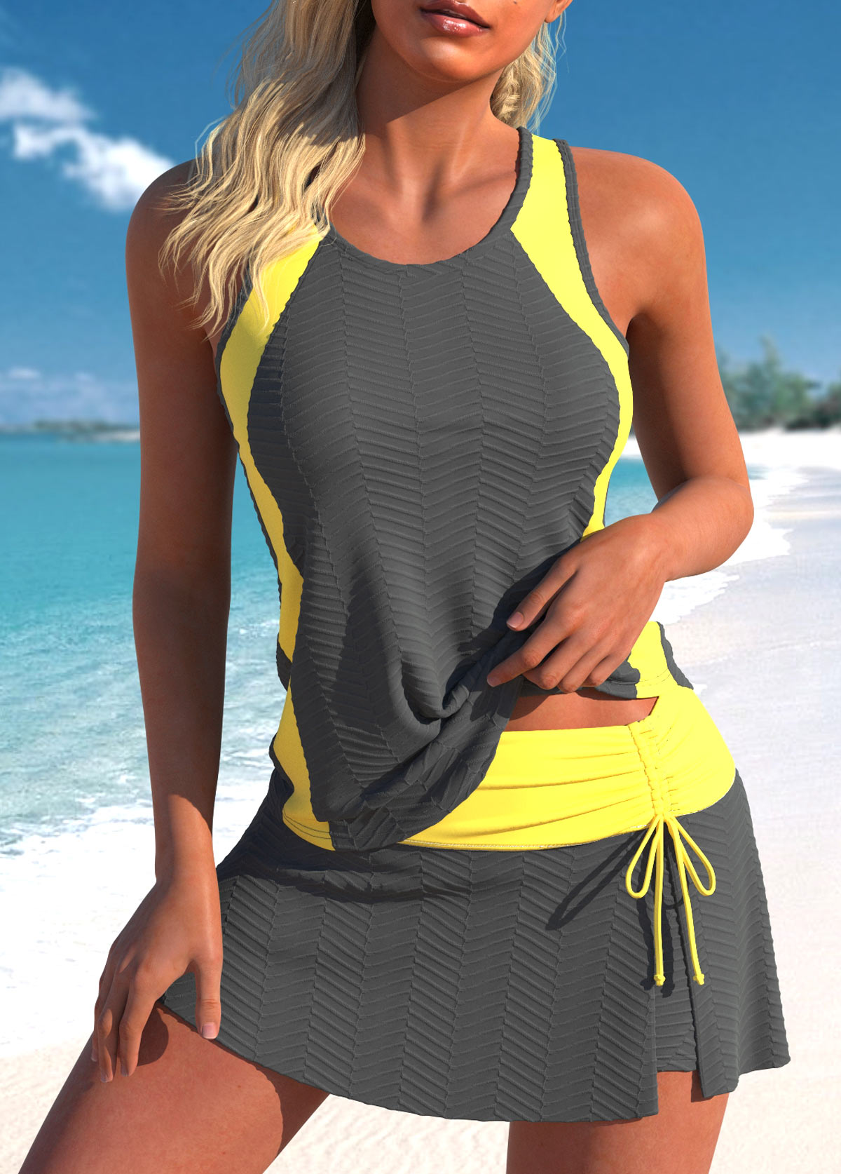 Drawstring Cut Out Grey Tankini Set | Rosewe.com - USD $45.98