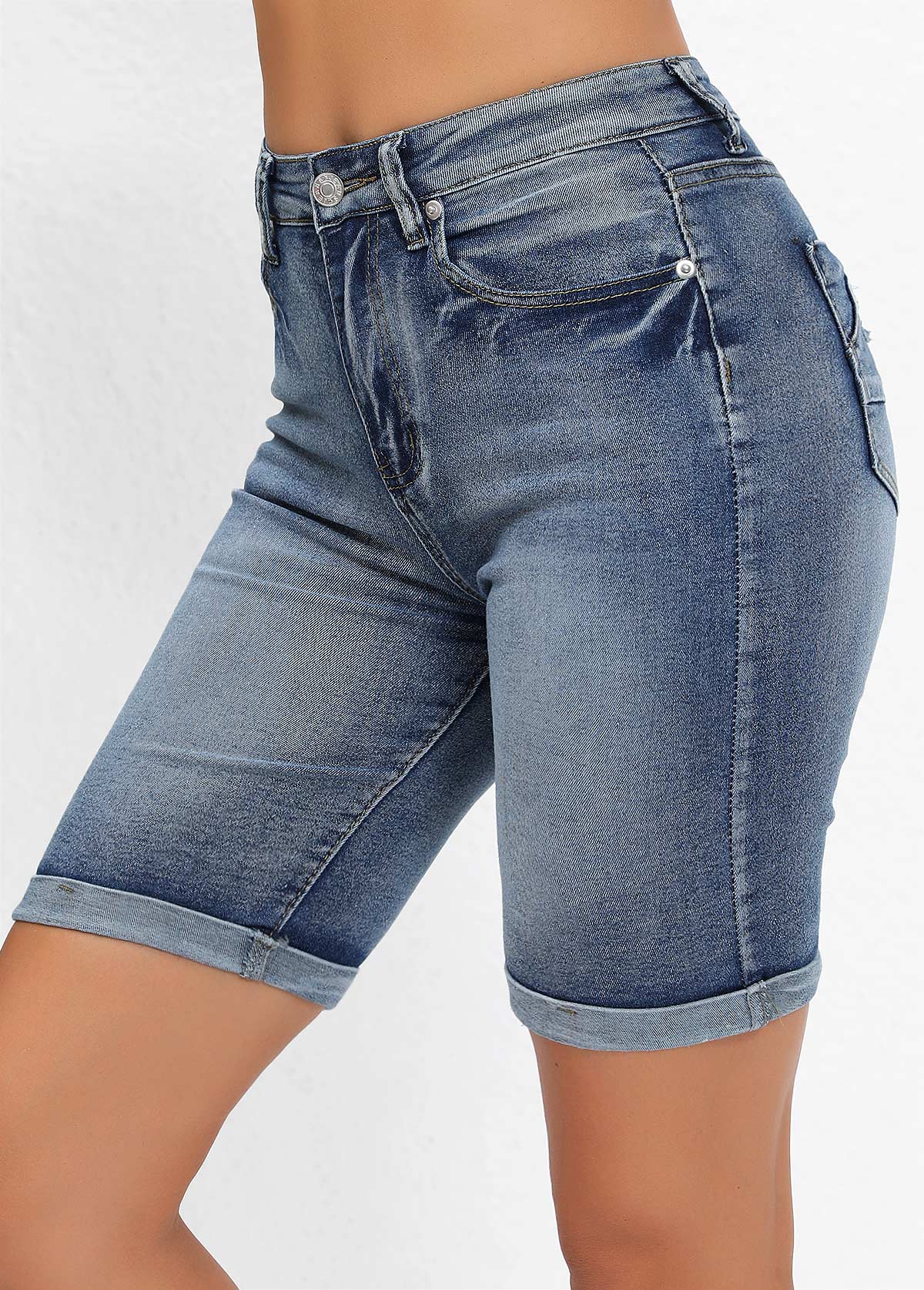 Denim Blue Skinny Button Fly Pocket High Waisted Shorts | Rosewe.com ...