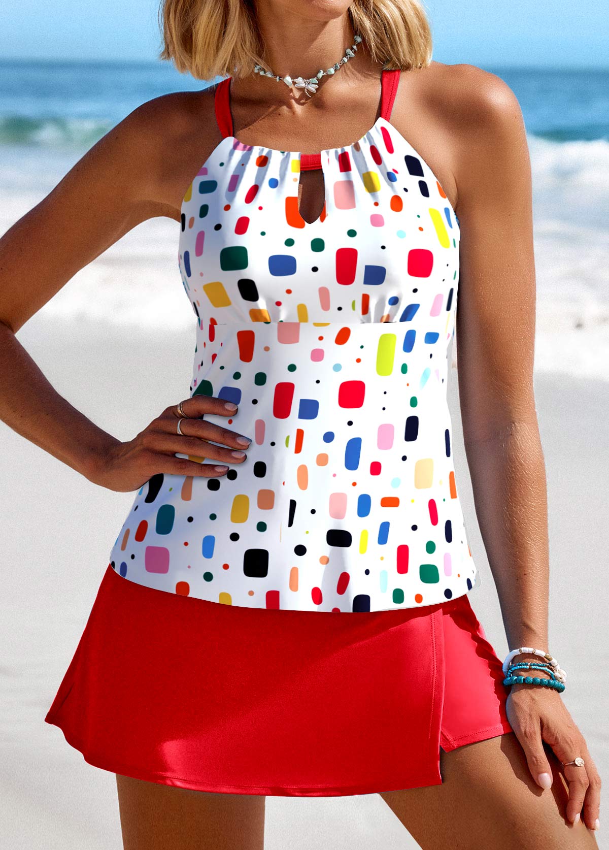 Geometric Print Cut Out Red Tankini Set | Rosewe.com - USD $41.98