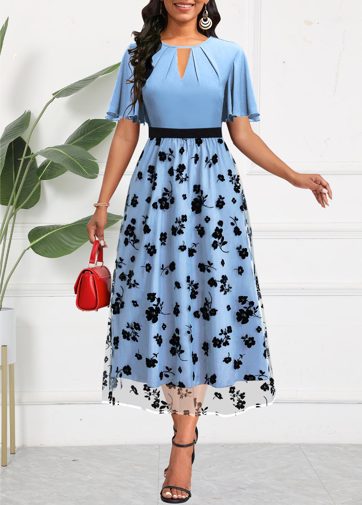 Floral Print Mesh Light Blue Short Sleeve Dress | Rosewe.com - USD $34.98