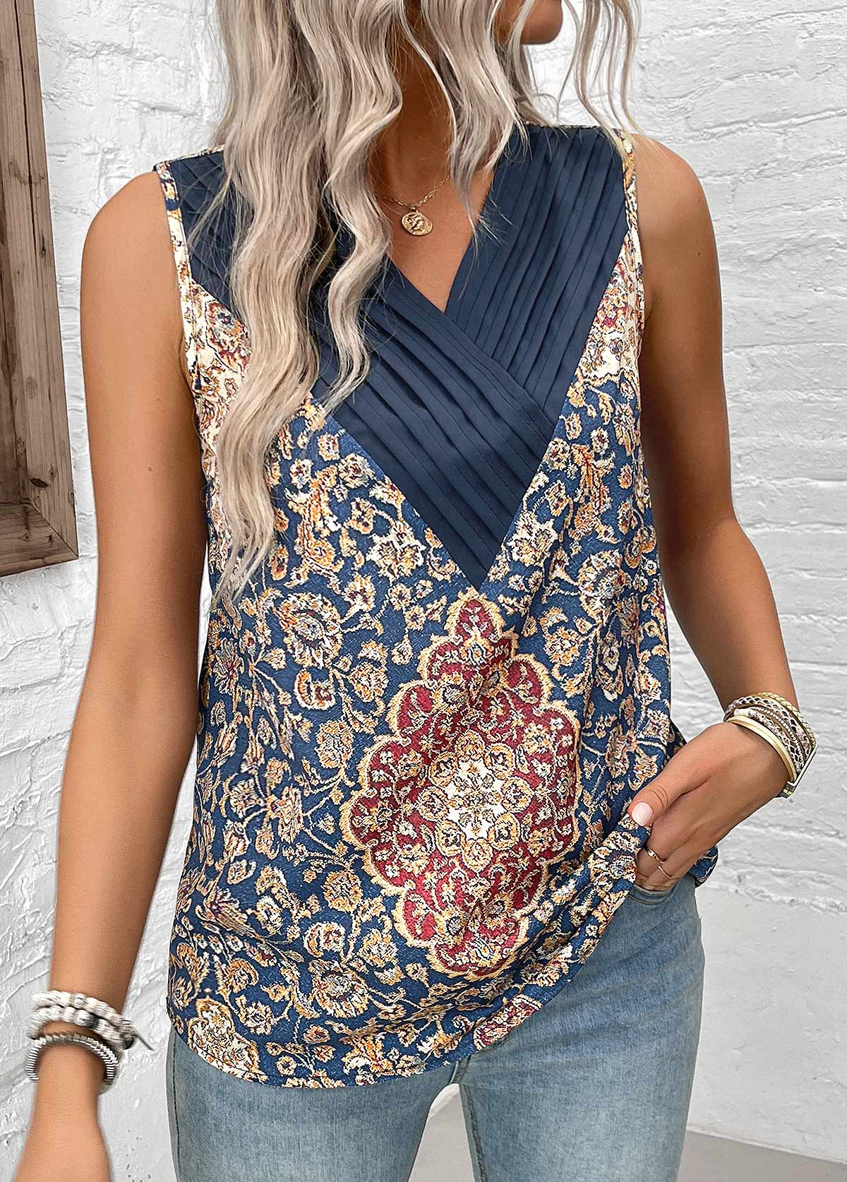 Tribal Print Patchwork Blue Sleeveless V Neck Tank Top | Rosewe.com ...