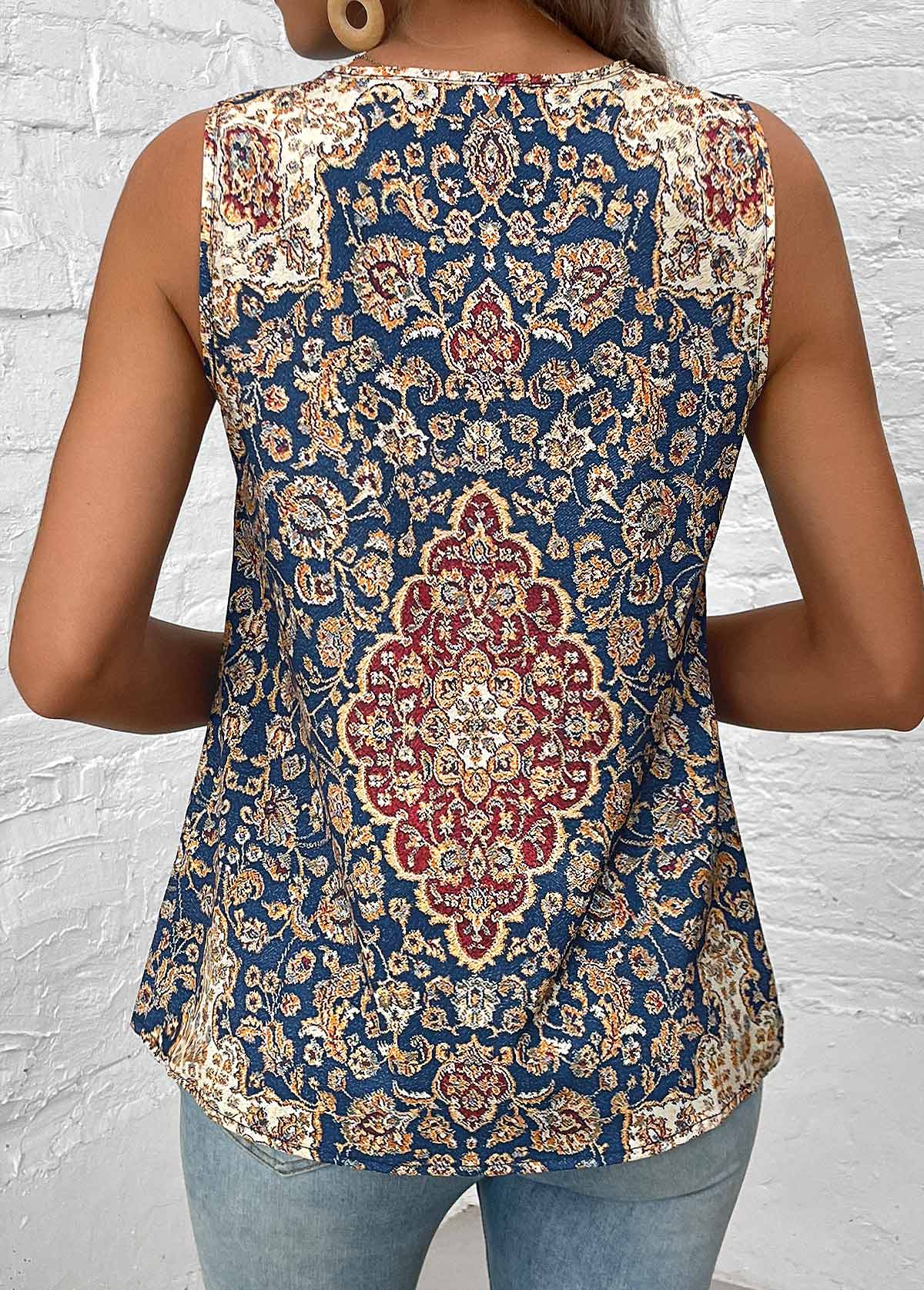 Tribal Print Patchwork Blue Sleeveless V Neck Tank Top | Rosewe.com ...