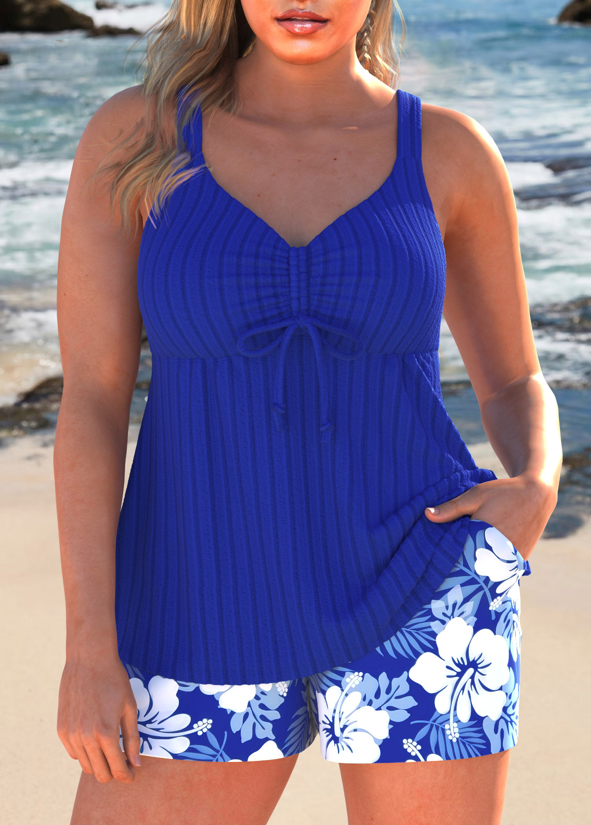 Floral Print Ruched Royal Blue Tankini Set | Rosewe.com - USD $42.98