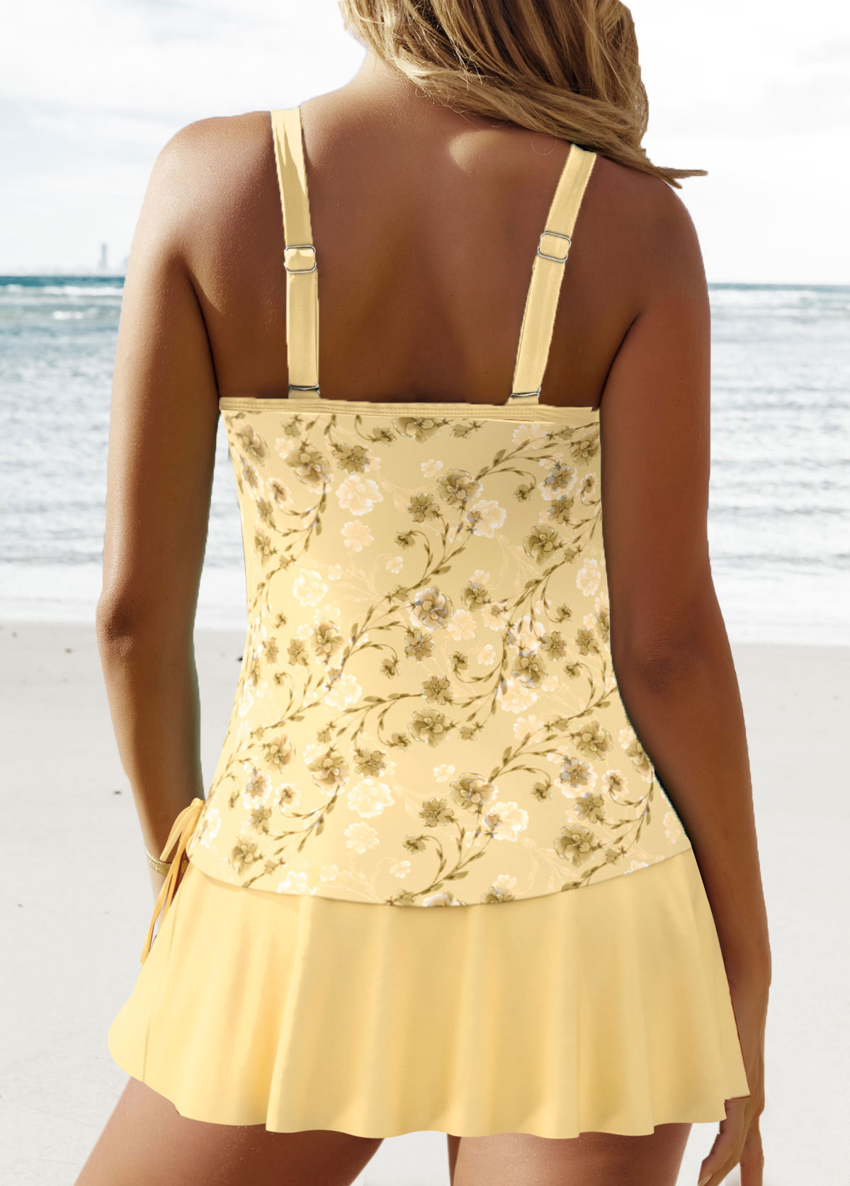 Floral Print Ruched Light Yellow Tankini Set | Rosewe.com - USD $38.98