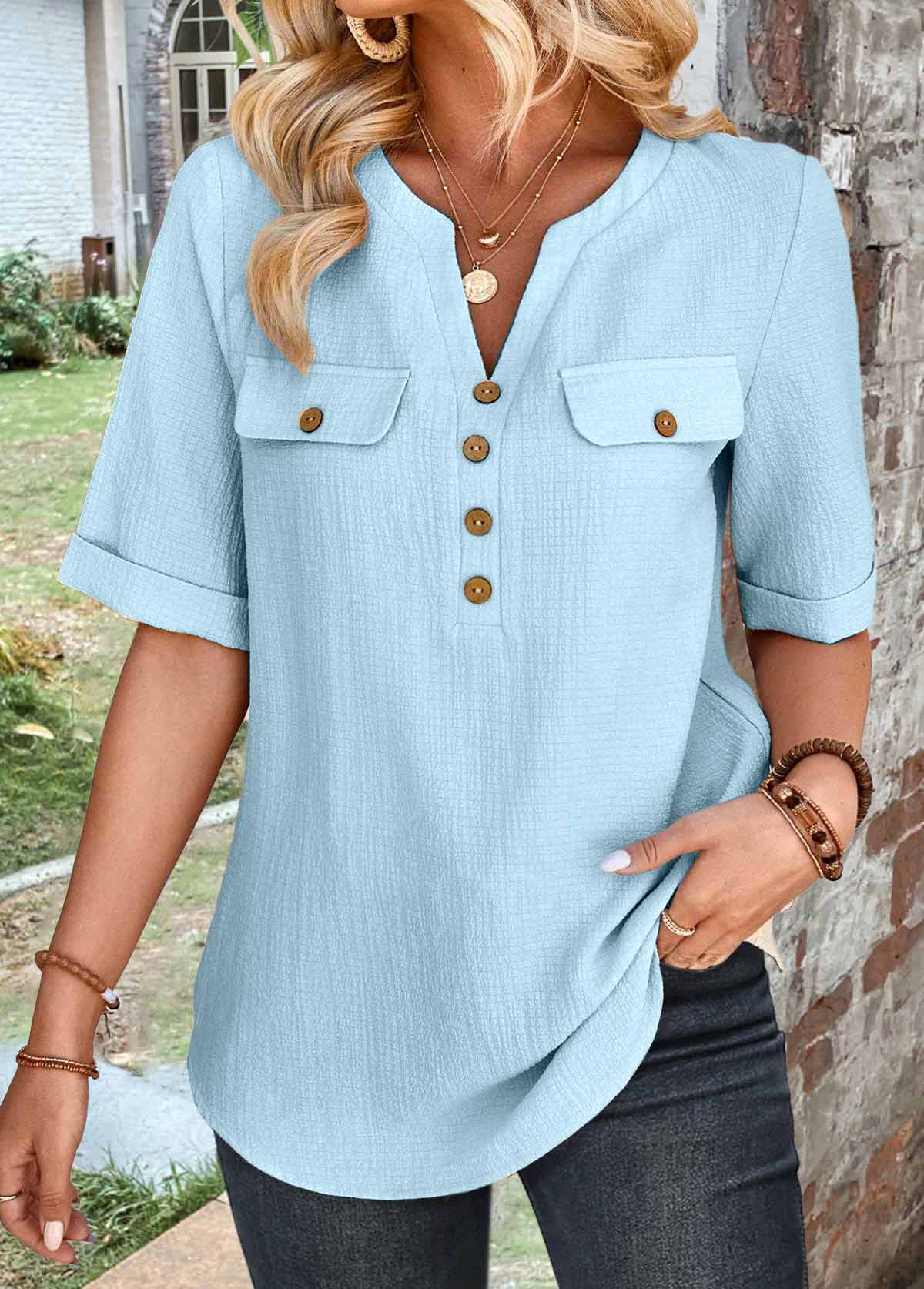Light Blue Plus Size Button Short Sleeve Blouse | Rosewe.com - USD $34.98