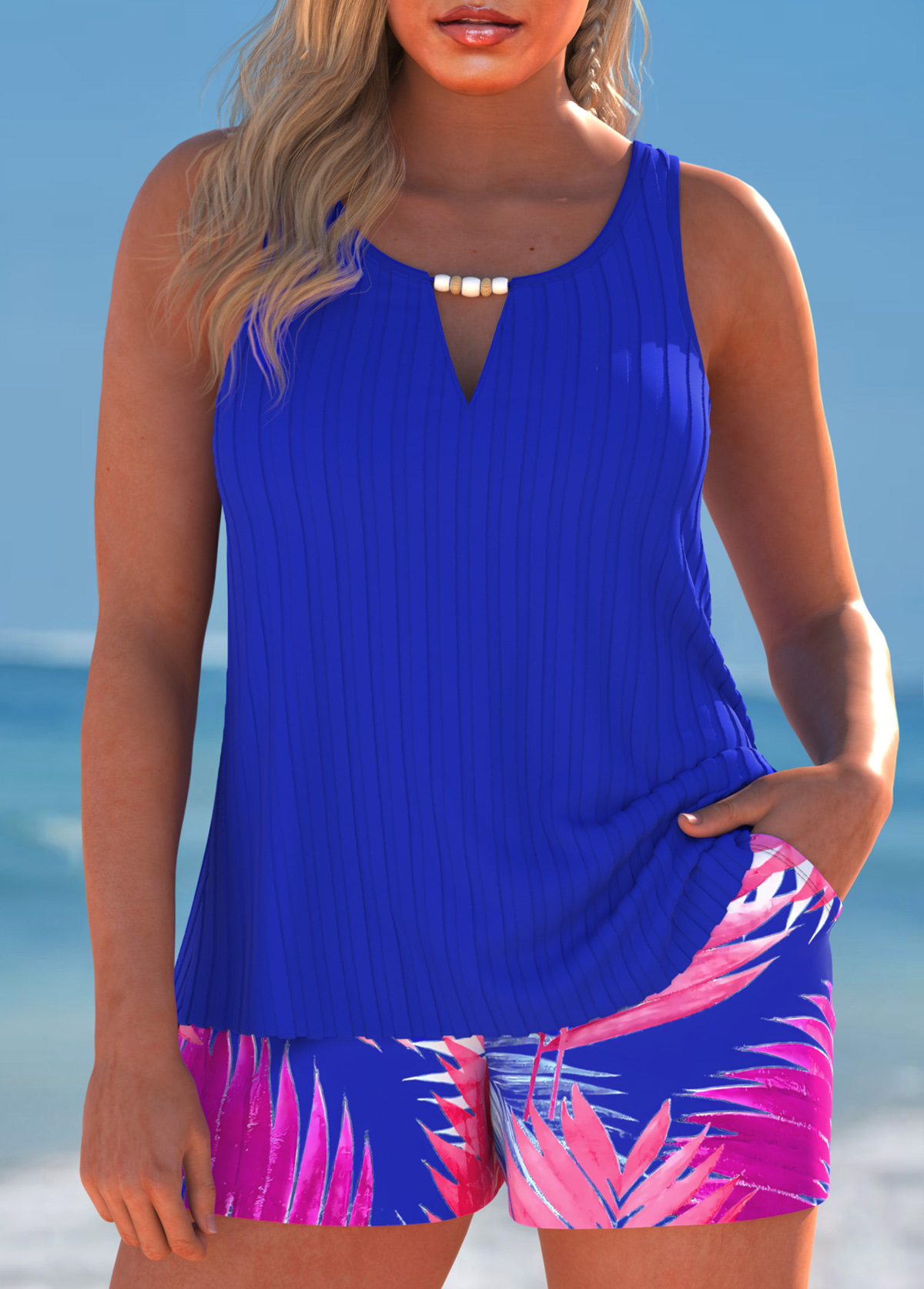 Plus Size Royal Blue Tropical Plants Print Tankini Set | Rosewe.com ...