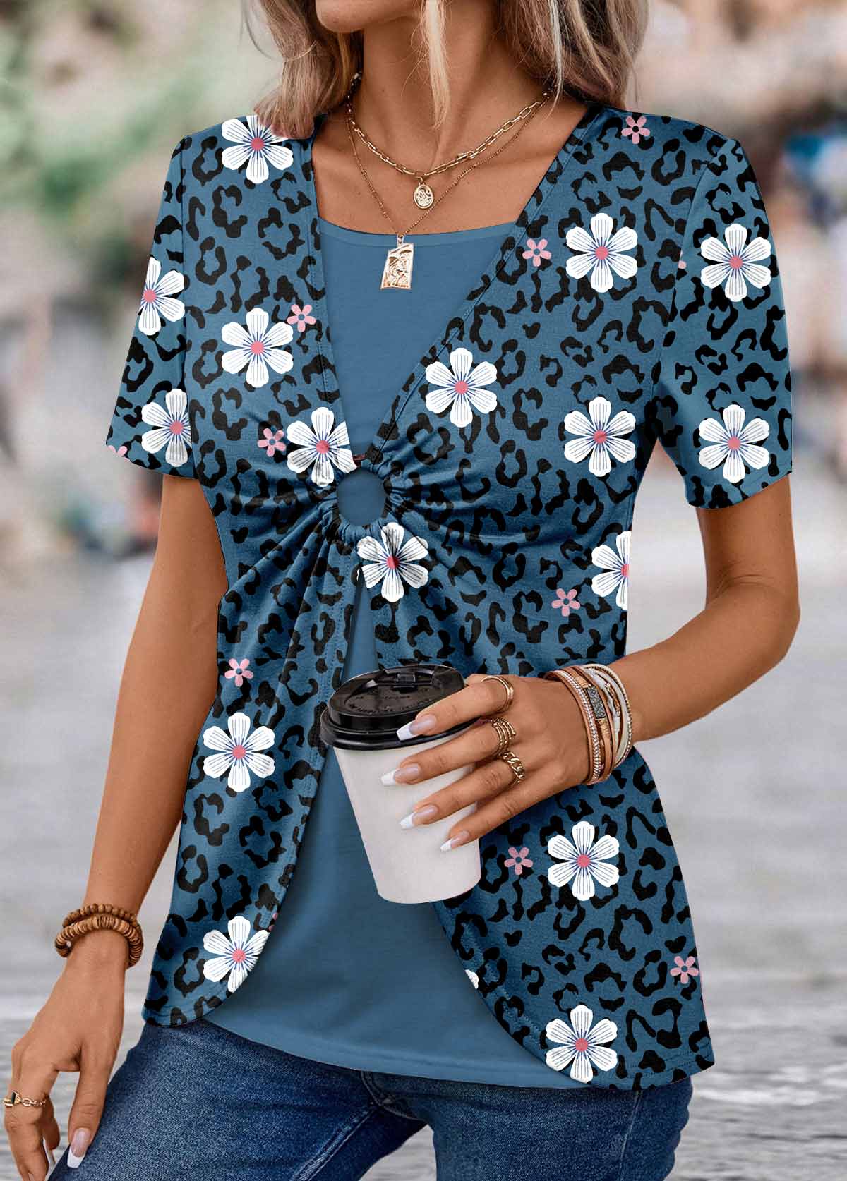 Floral Print Patchwork Peacock Blue Short Sleeve Shirt | Rosewe.com ...