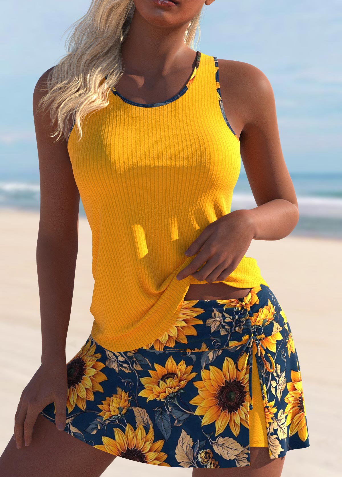 Sunflower Print Cut Out Ginger Tankini Set | Rosewe.com - USD $37.98