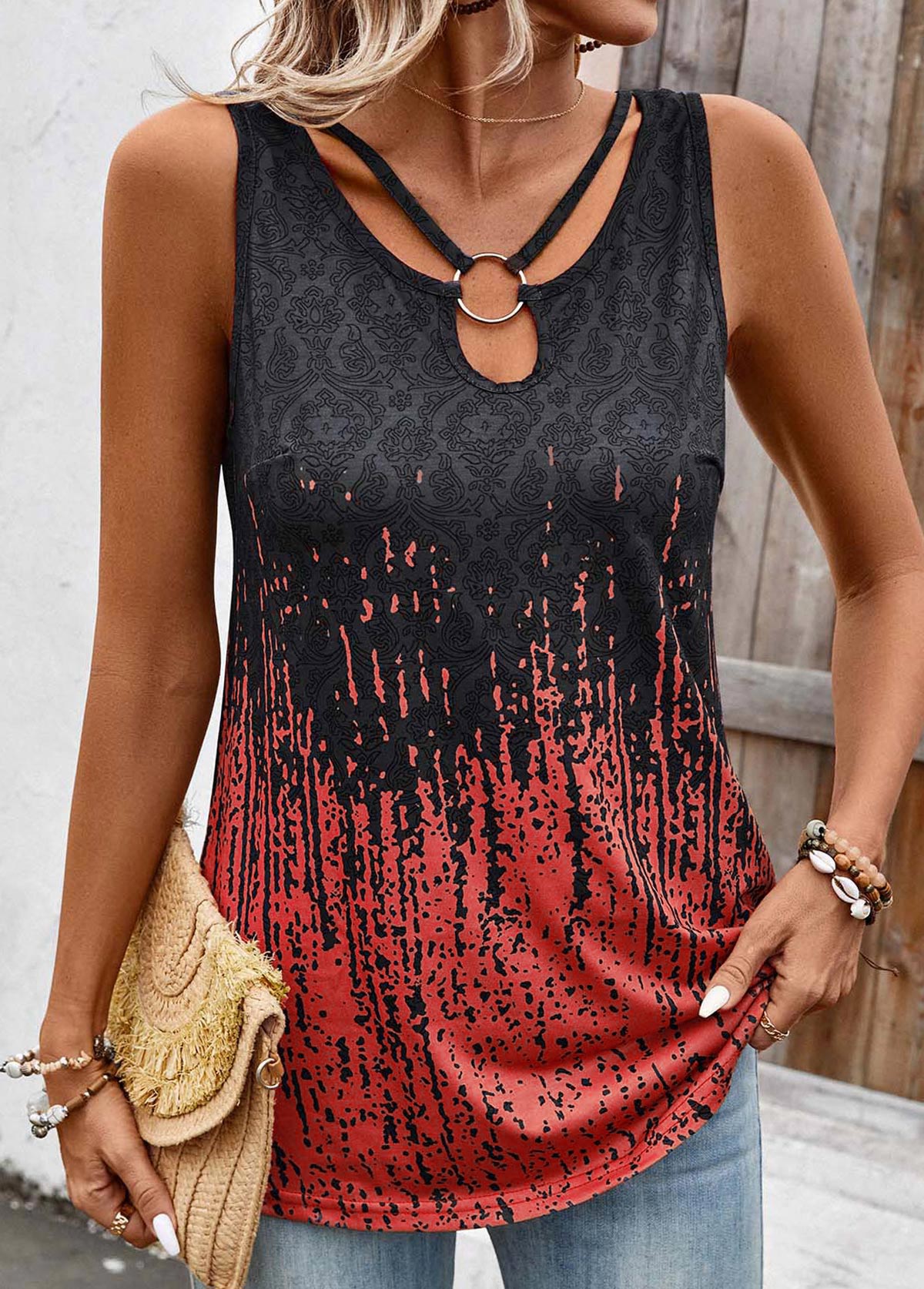 Dark Grey Marl Circular Ring Plus Size Tank Top | Rosewe.com - USD $32.98