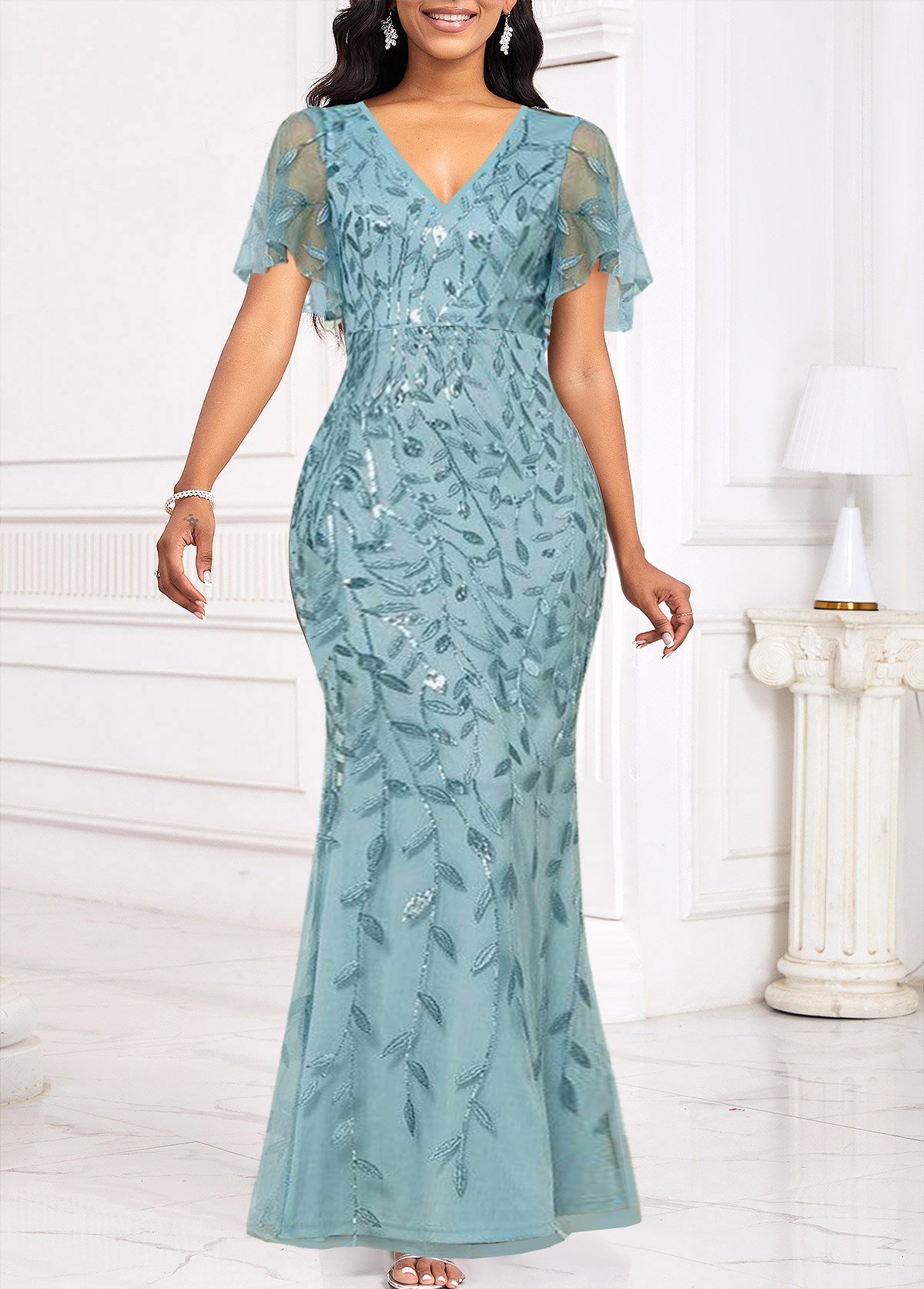 Sequin Light Blue Short Sleeve Bodycon Maxi Dress | Rosewe.com - USD $28.98