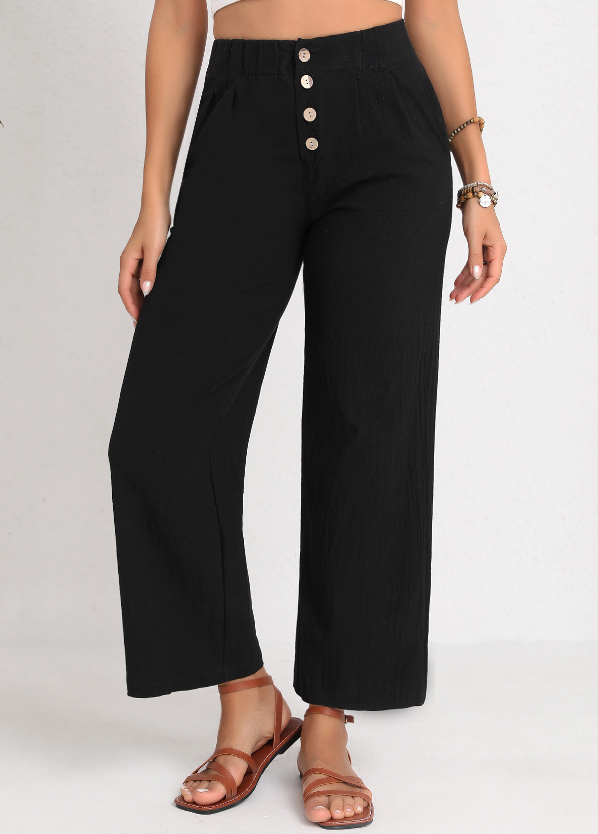 Button Wide Leg Black High Waisted Pants | Rosewe.com - USD $27.98