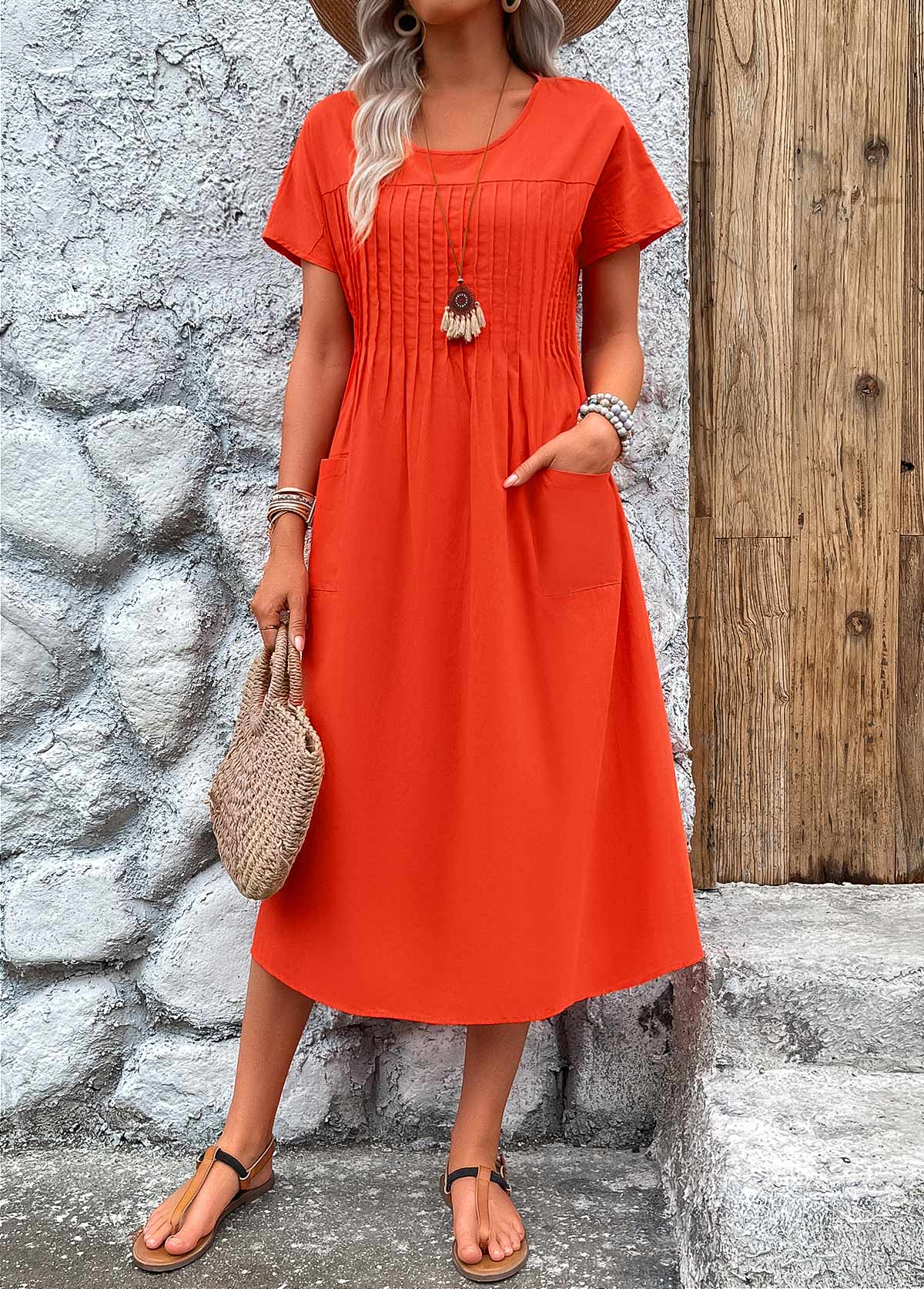 Pleated Neon Red Short Sleeve Round Neck Dress | Rosewe.com - USD $41.98