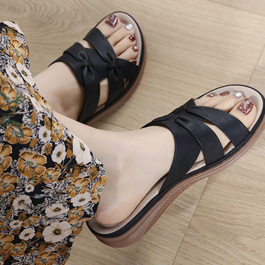 Black Open Toe PU Leather Falt Sliders | Rosewe.com - USD $32.98