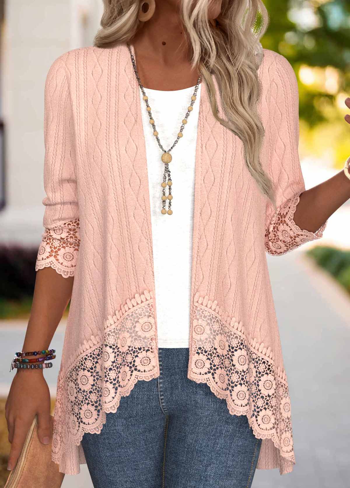 Embroidery Dusty Pink 3/4 Sleeve Light Cardigan | Rosewe.com - USD $34.98