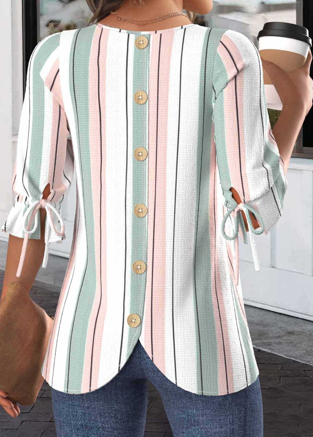 Striped Drawstring White Half Sleeve Round Neck Blouse | Rosewe.com ...