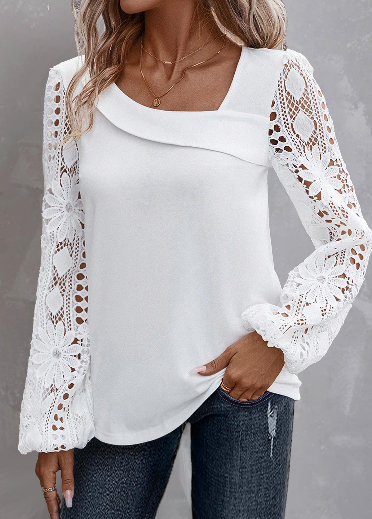 Lace White Long Sleeve Asymmetrical Neck Blouse | Rosewe.com - USD $32.98