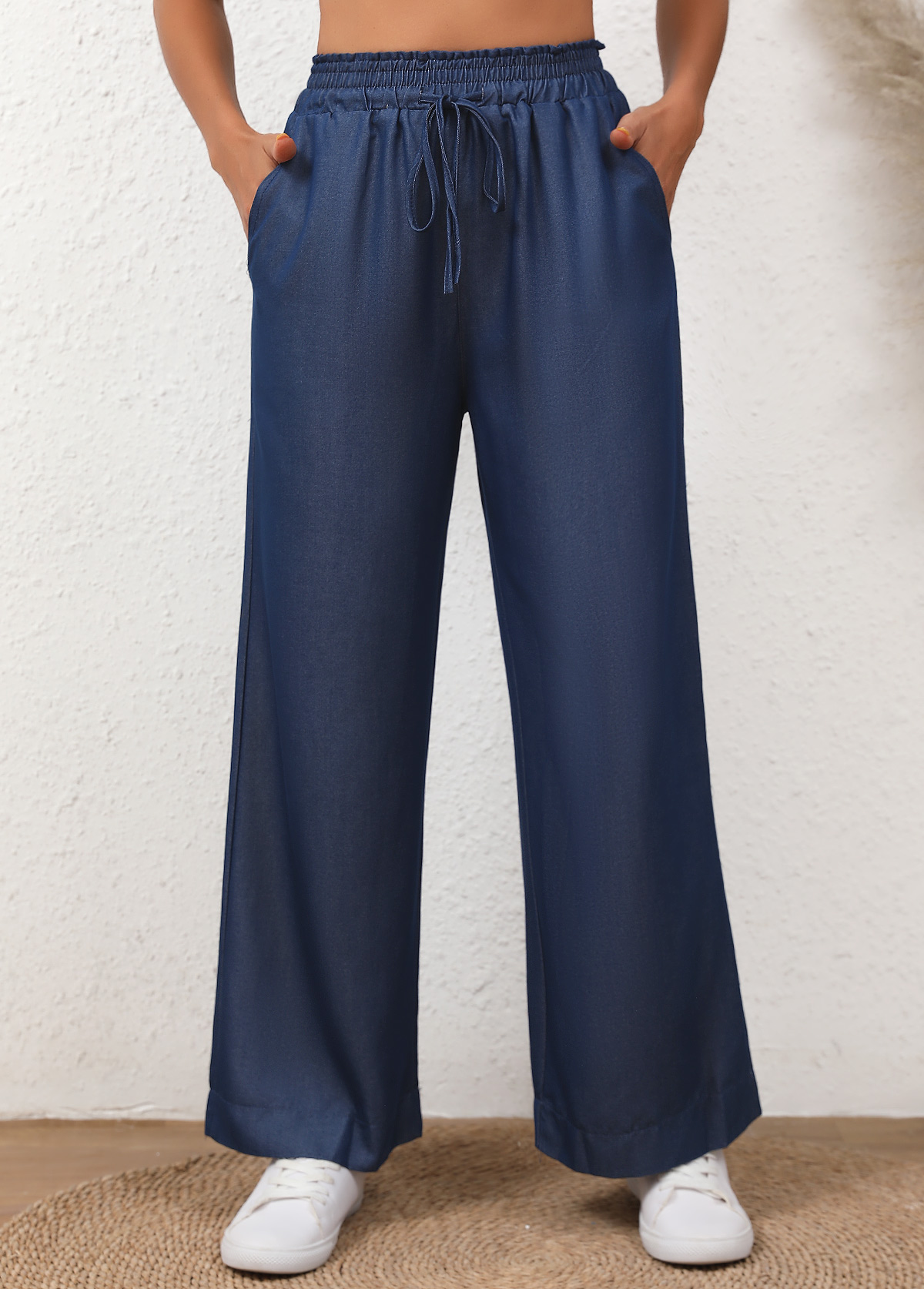 Denim Blue Elastic Waist Drawstring High Waisted Jeans | Rosewe.com ...