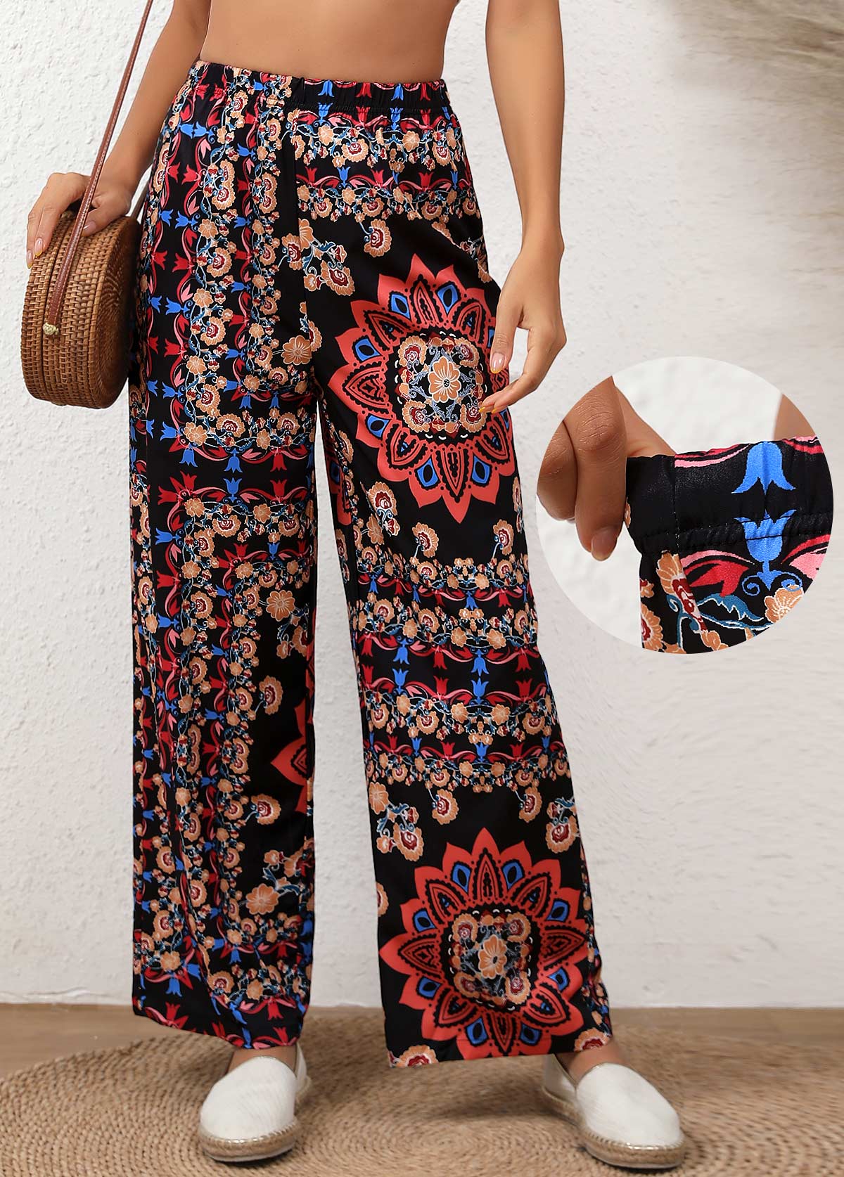 Tribal Print Elastic Waist High Waisted Black Pants | Rosewe.com - USD ...