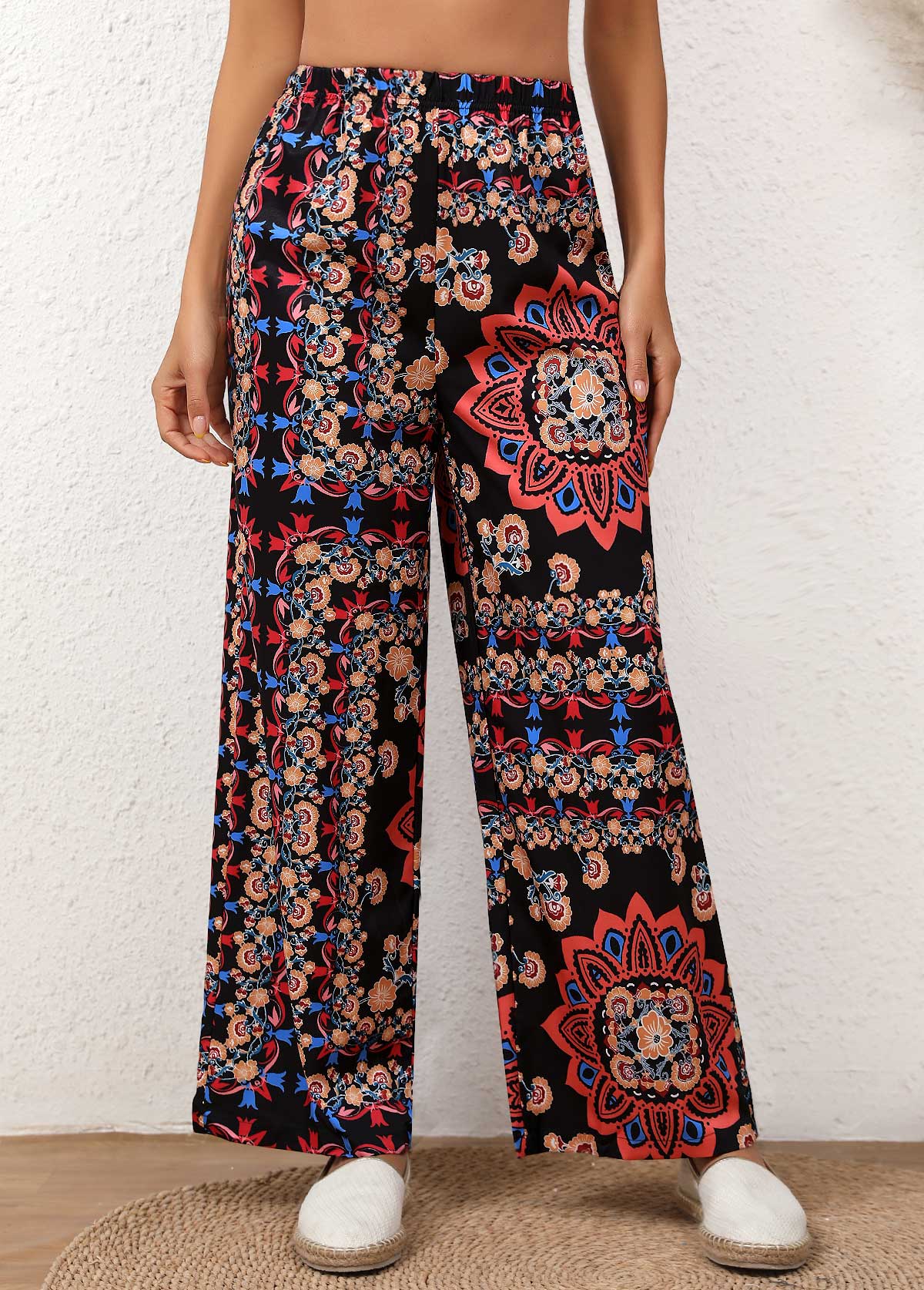 Tribal Print Elastic Waist High Waisted Black Pants | Rosewe.com - USD ...