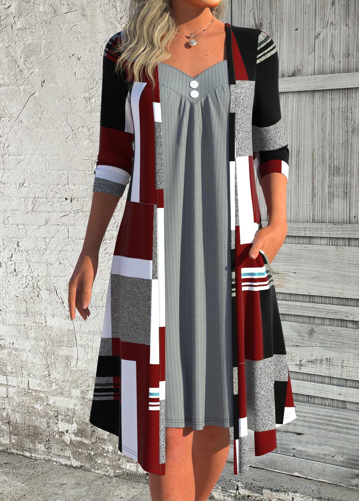 Geometric Print Patchwork Deep Red A Line Dress | Rosewe.com - USD $43.98