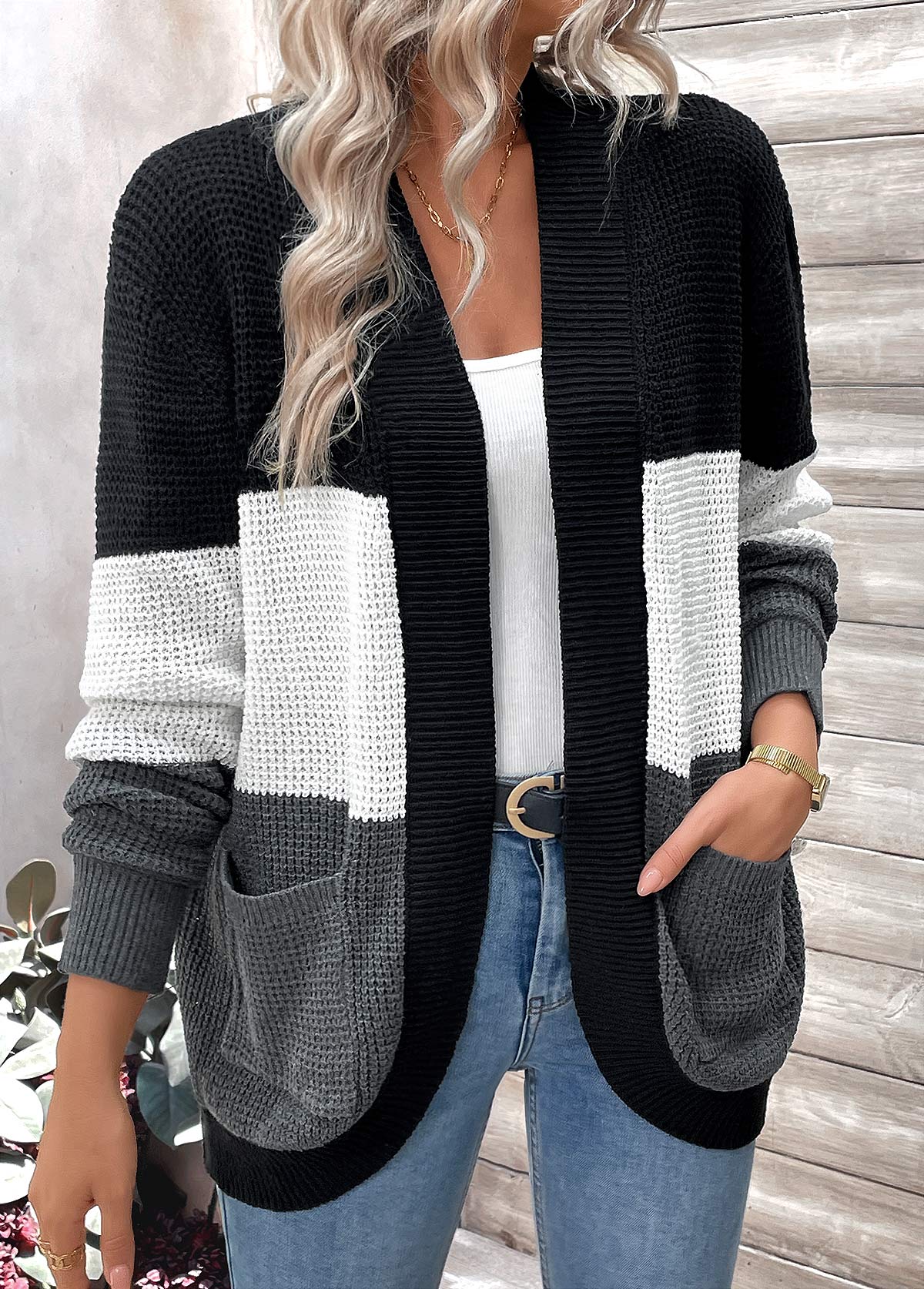 Patchwork Black Pocket Long Sleeve Cardigan | Rosewe.com - USD $42.98
