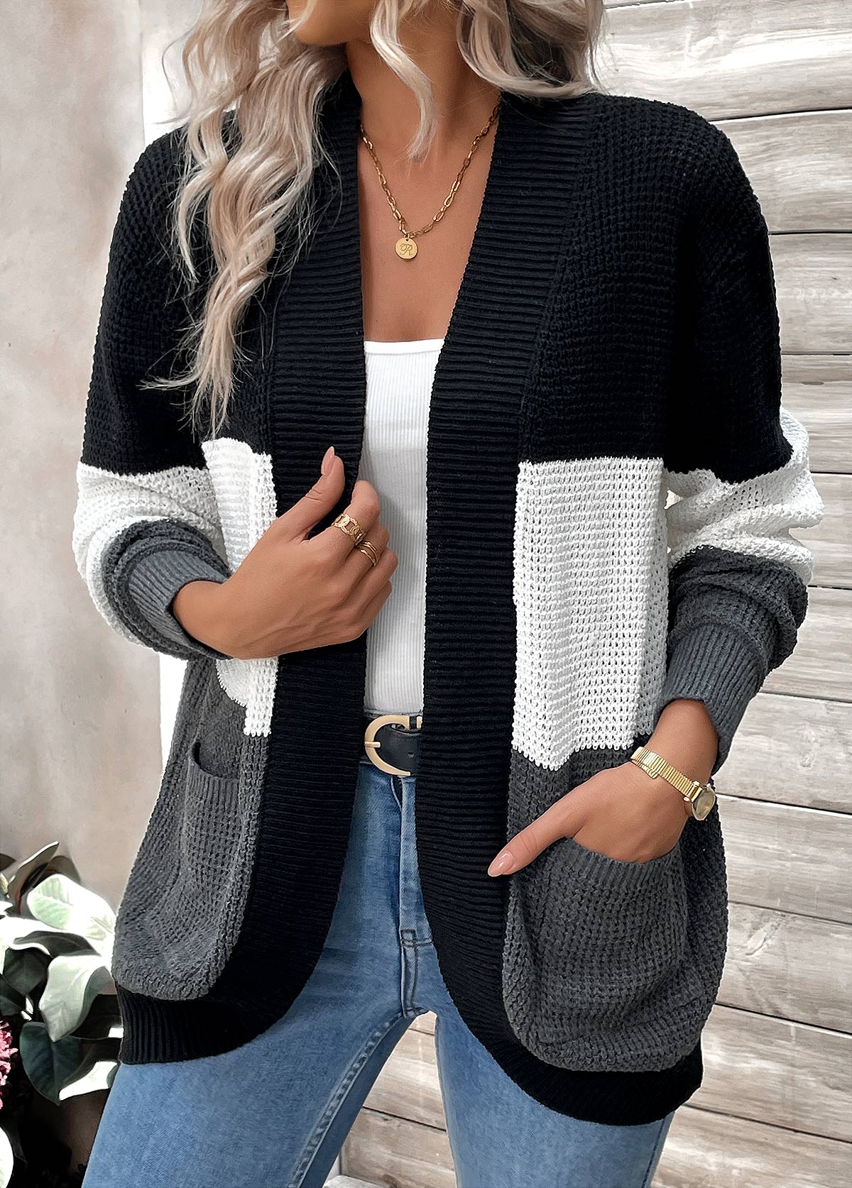 Patchwork Black Pocket Long Sleeve Cardigan | Rosewe.com - USD $38.98