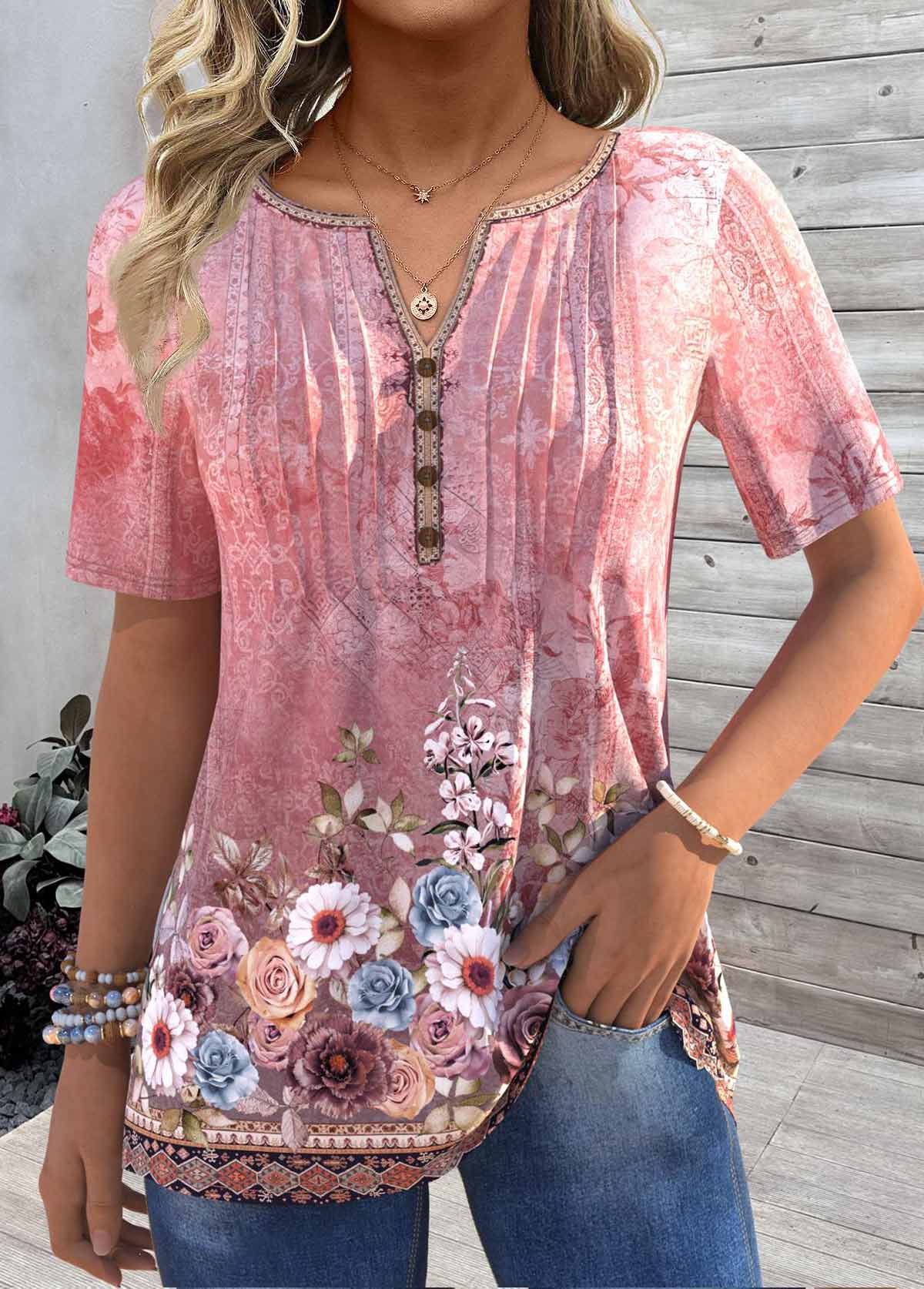 Floral Print Tuck Stitch Pink Short Sleeve T Shirt | Rosewe.com - USD ...
