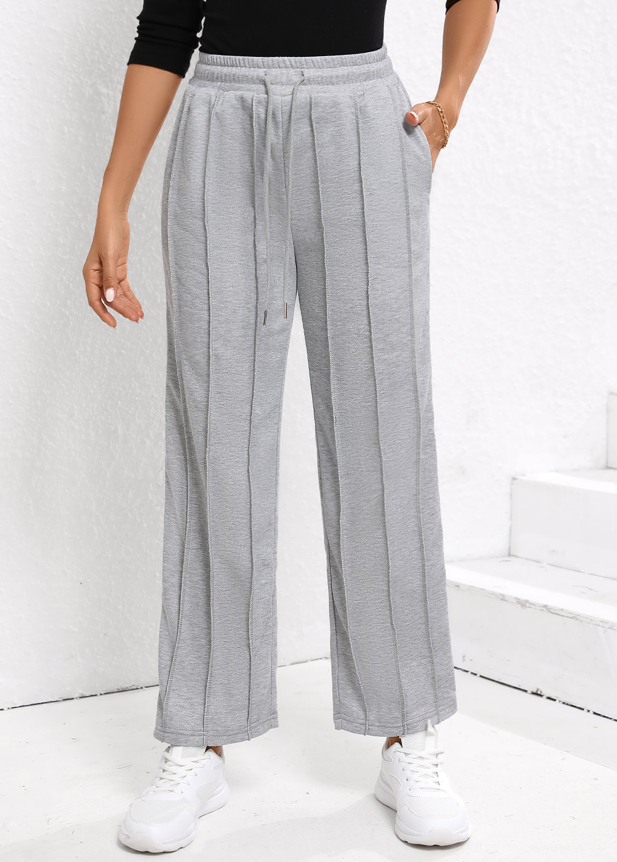 Light Grey High Waisted Drawstring Pants | Rosewe.com - USD $31.98