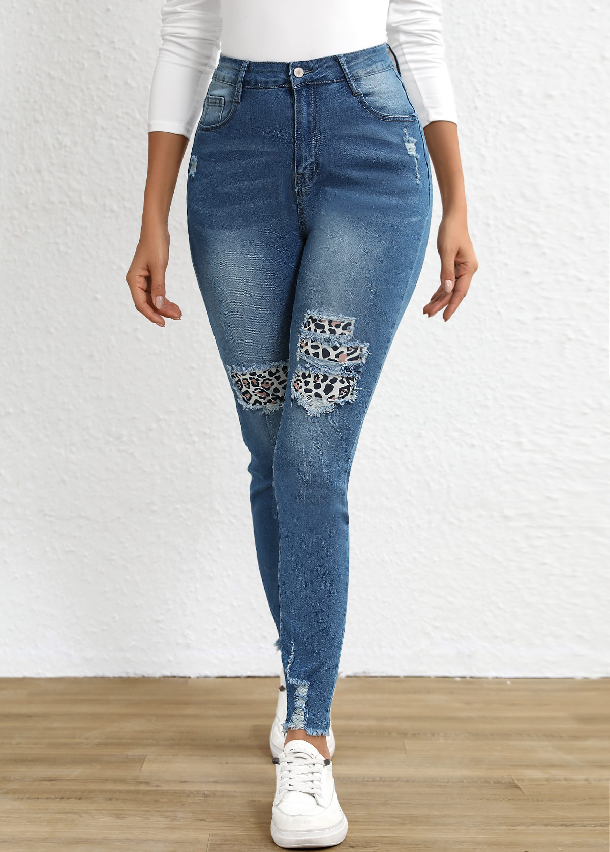 Leopard Patchwork Denim Blue Skinny Button Fly Jeans | Rosewe.com - USD ...
