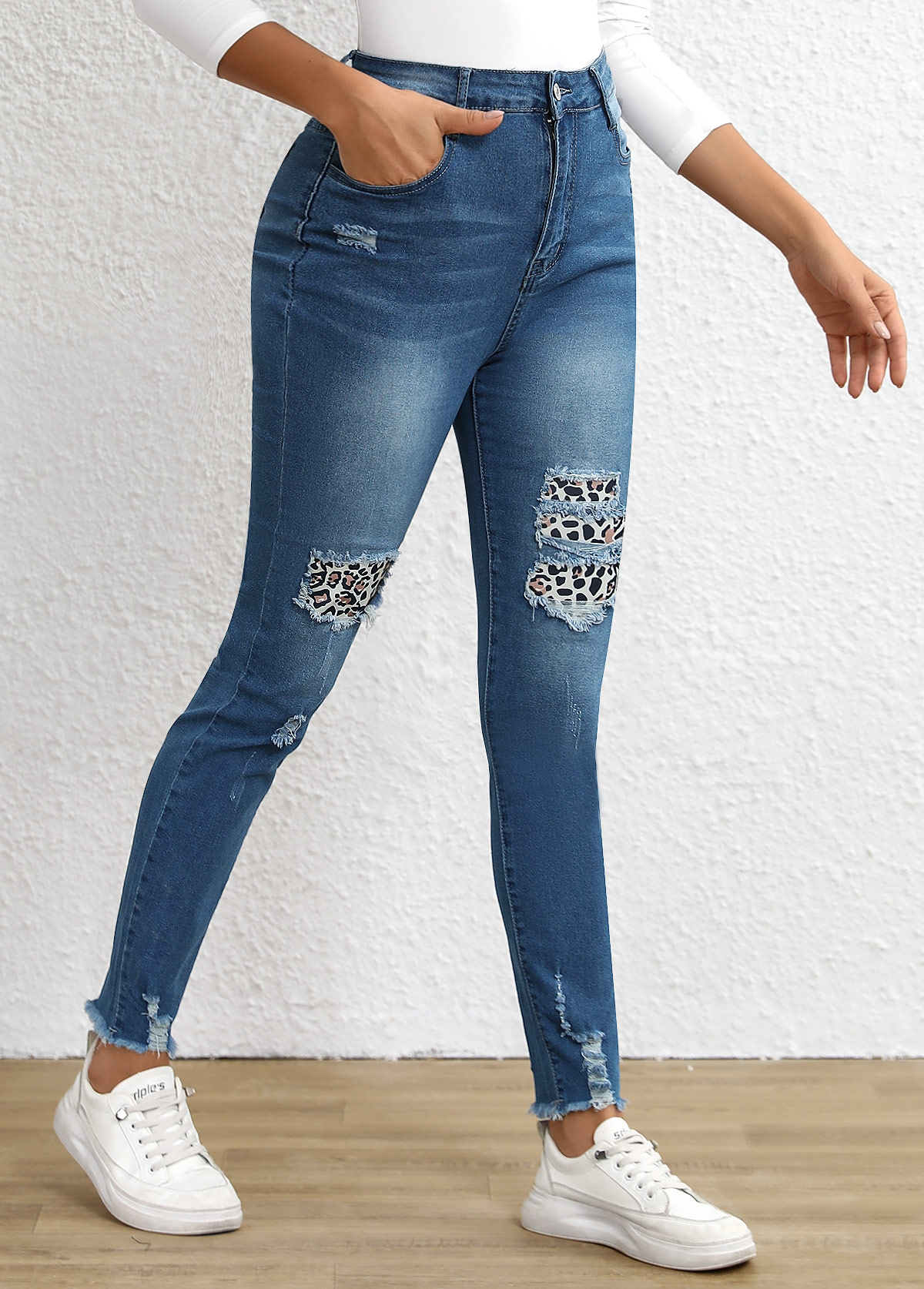 Leopard Patchwork Denim Blue Skinny Button Fly Jeans | Rosewe.com - USD ...