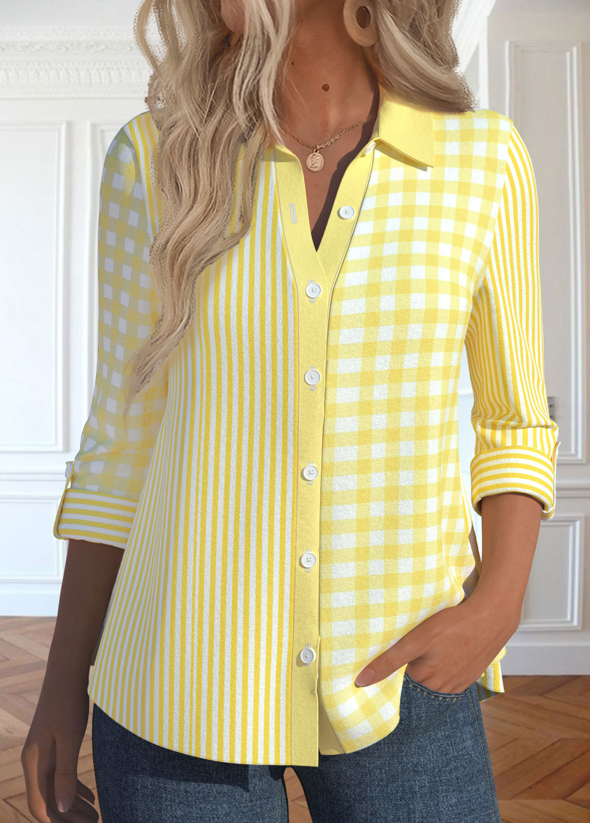 Striped Patchwork Light Yellow Long Sleeve Shirt | Rosewe.com - USD $38.98