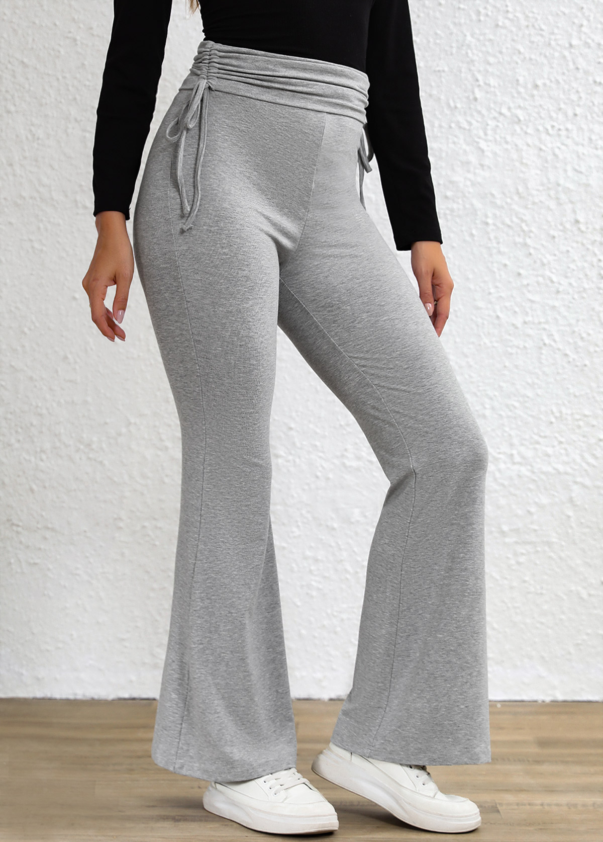 Light Grey Marl Flare Leg Elastic Waist Drawstring Pants | Rosewe.com ...