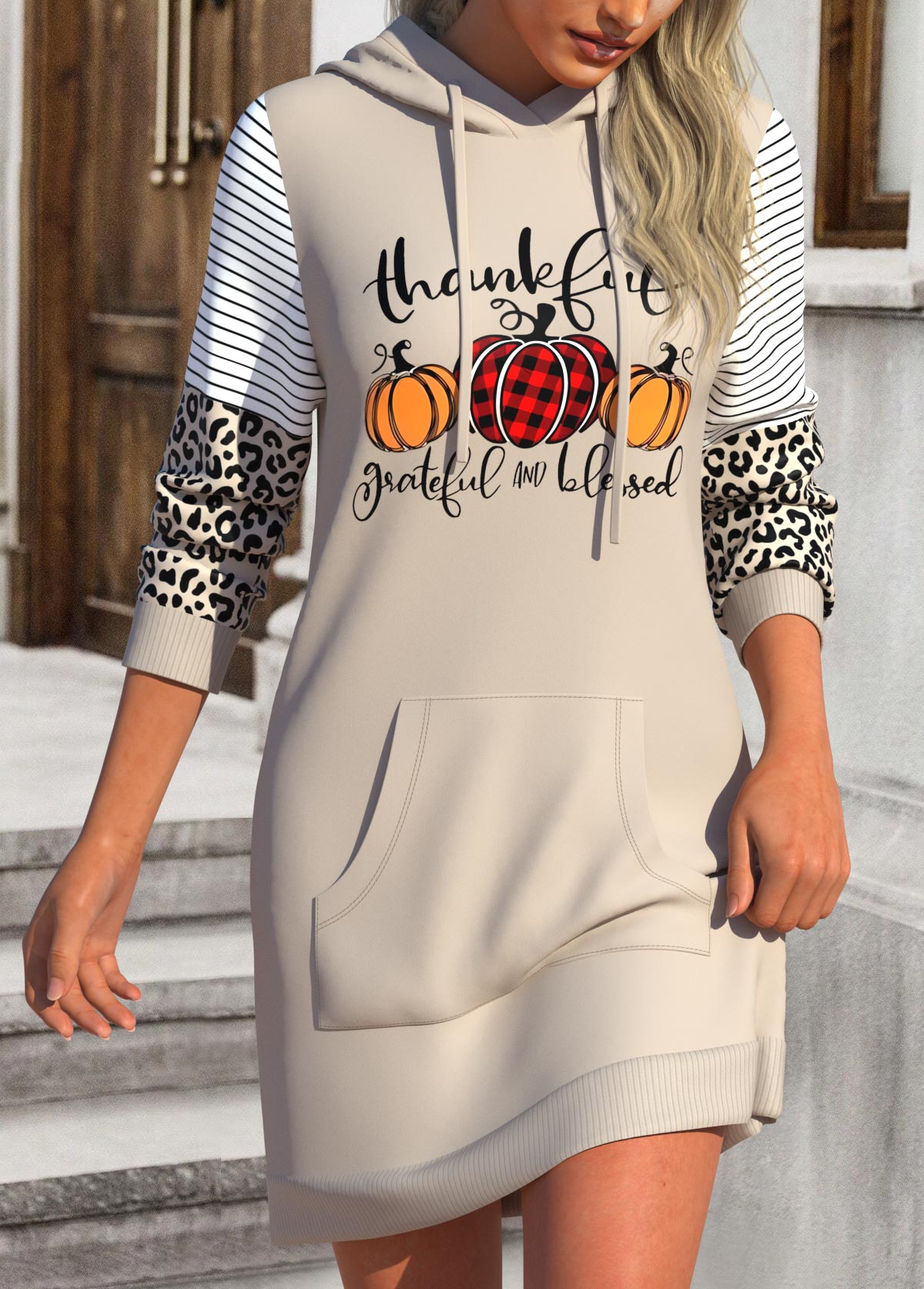 Halloween Pumpkin Print Patchwork Skin Color Hoodie Dress | Rosewe.com ...