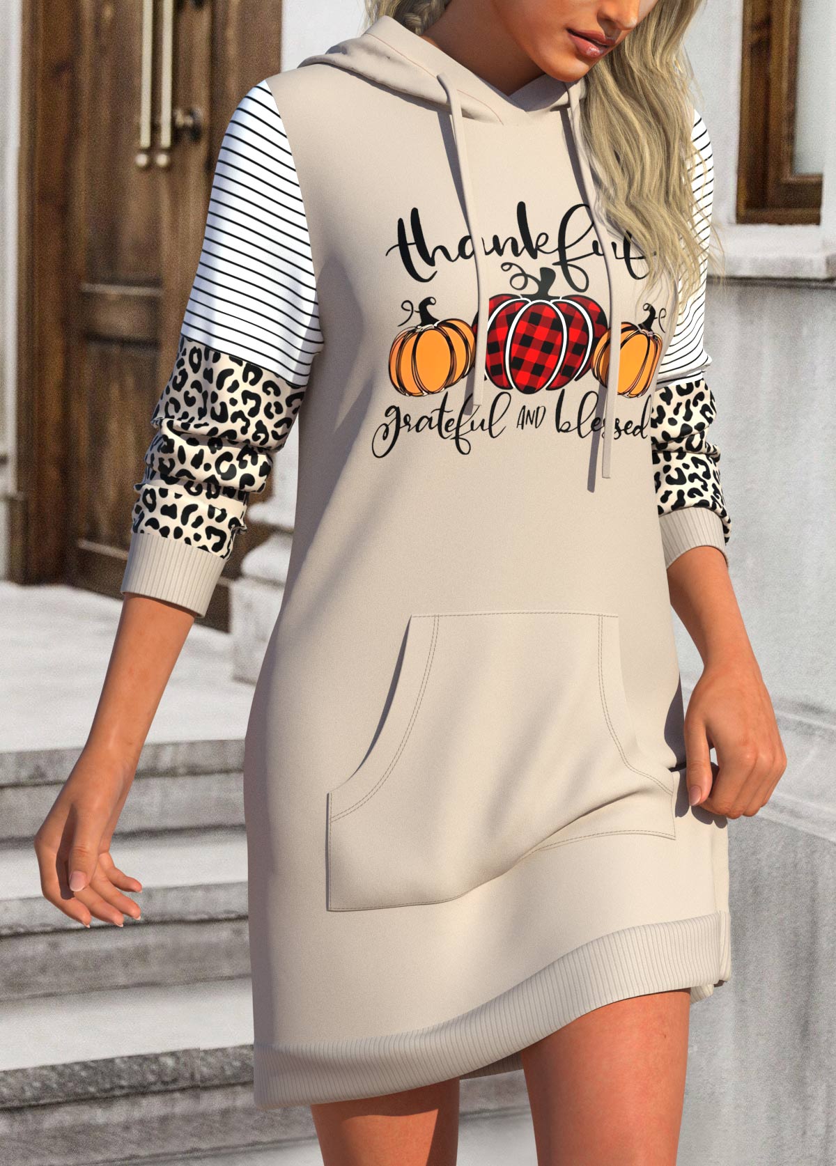 Halloween Pumpkin Print Patchwork Skin Color Hoodie Dress | Rosewe.com ...