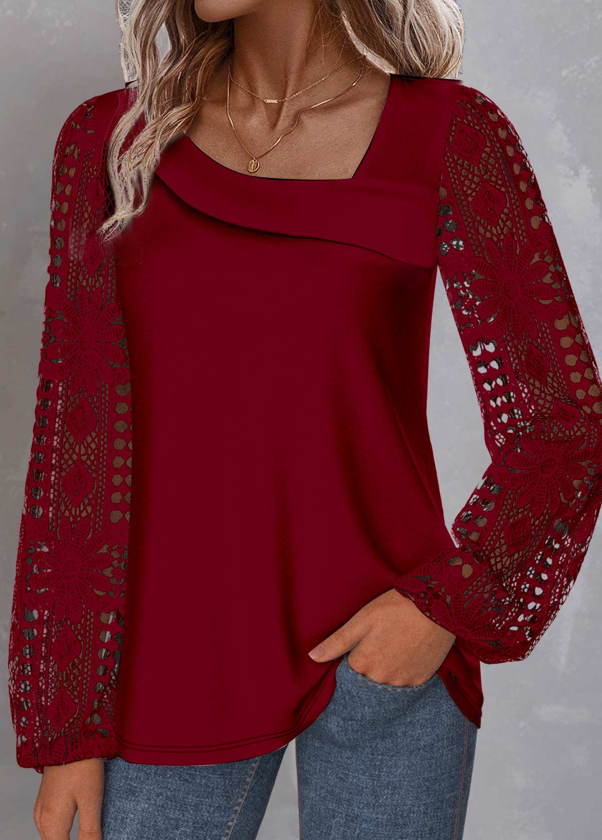 Wine Red Plus Size Lace Long Sleeve Blouse | Rosewe.com - USD $35.98