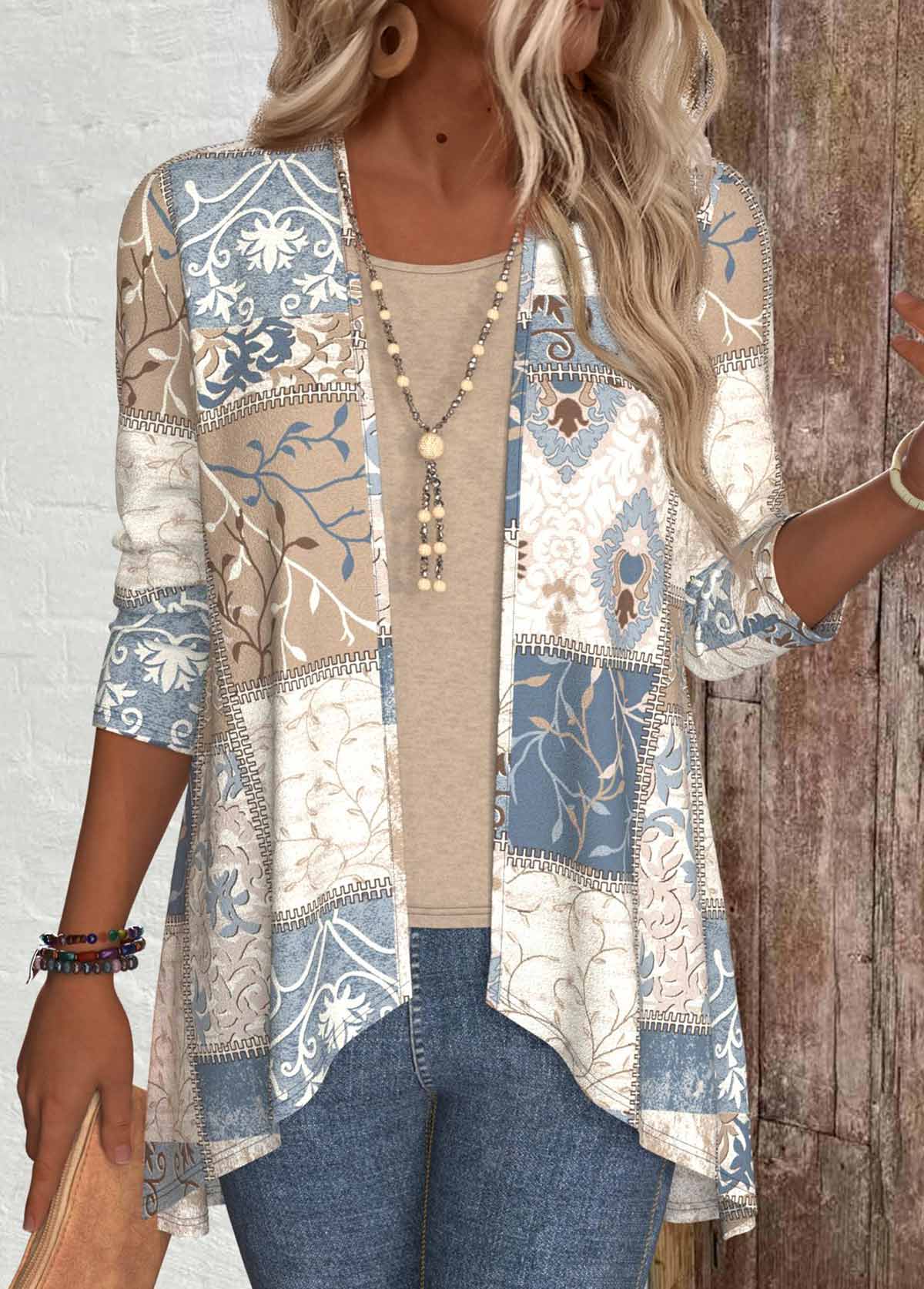 Geometric Print Patchwork Long Sleeve Light Cardigan | Rosewe.com - USD ...