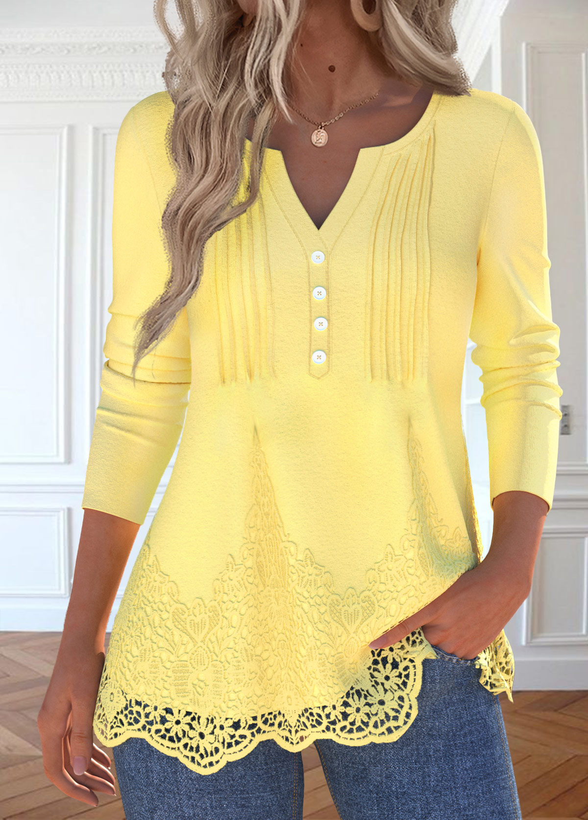 Embroidery Light Yellow Long Sleeve Split Neck T Shirt | Rosewe.com ...