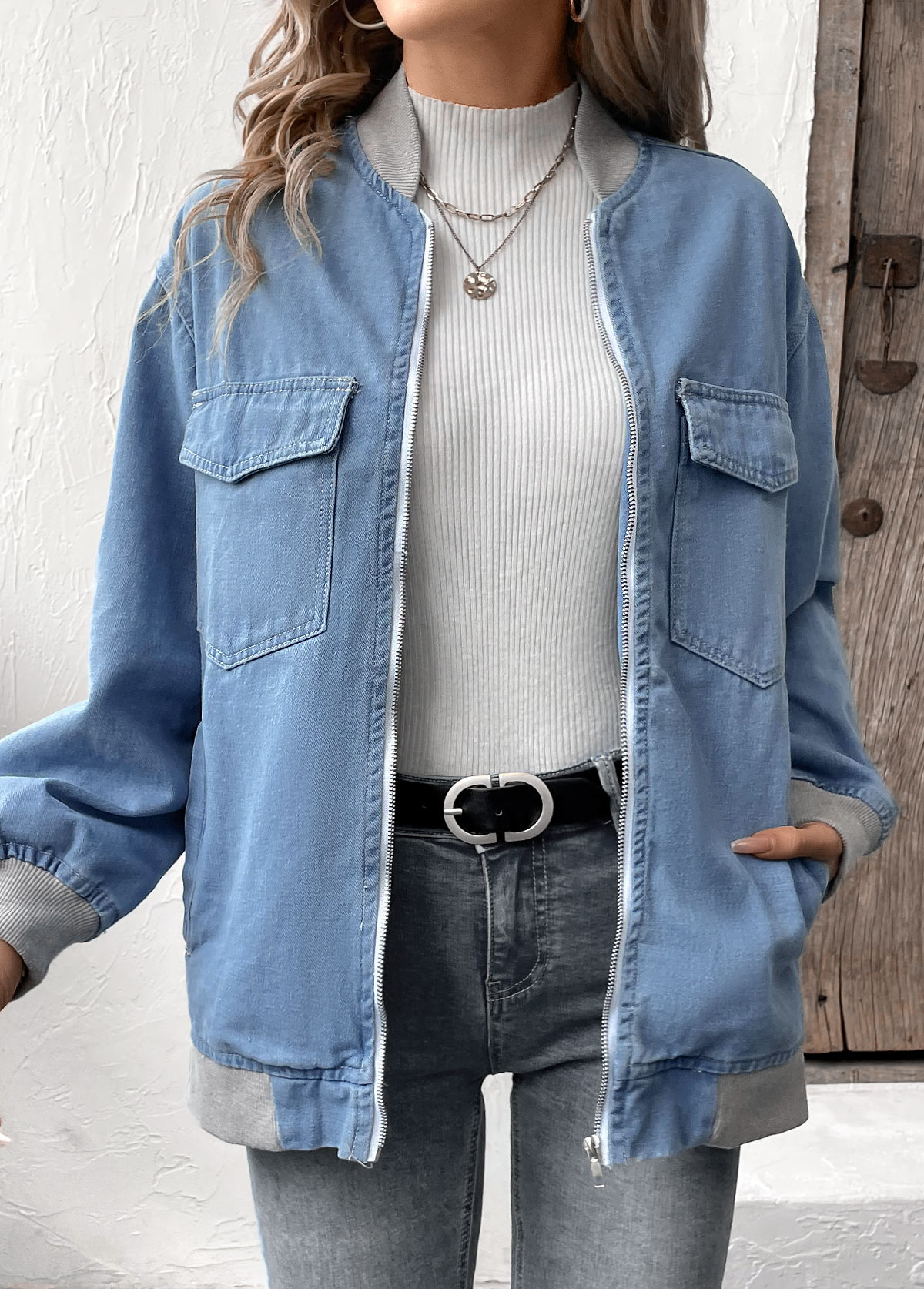 Patchwork Denim Blue Long Sleeve Jacket | Rosewe.com - USD $48.98
