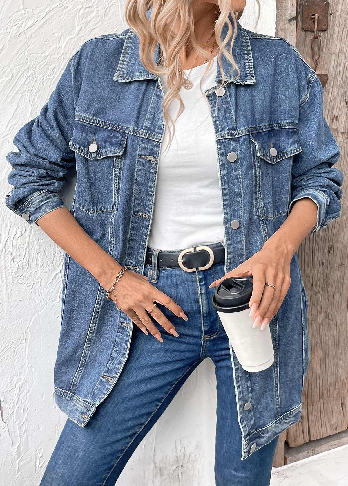 Button Denim Blue Long Sleeve Shirt Collar Coat | Rosewe.com - USD $48.98